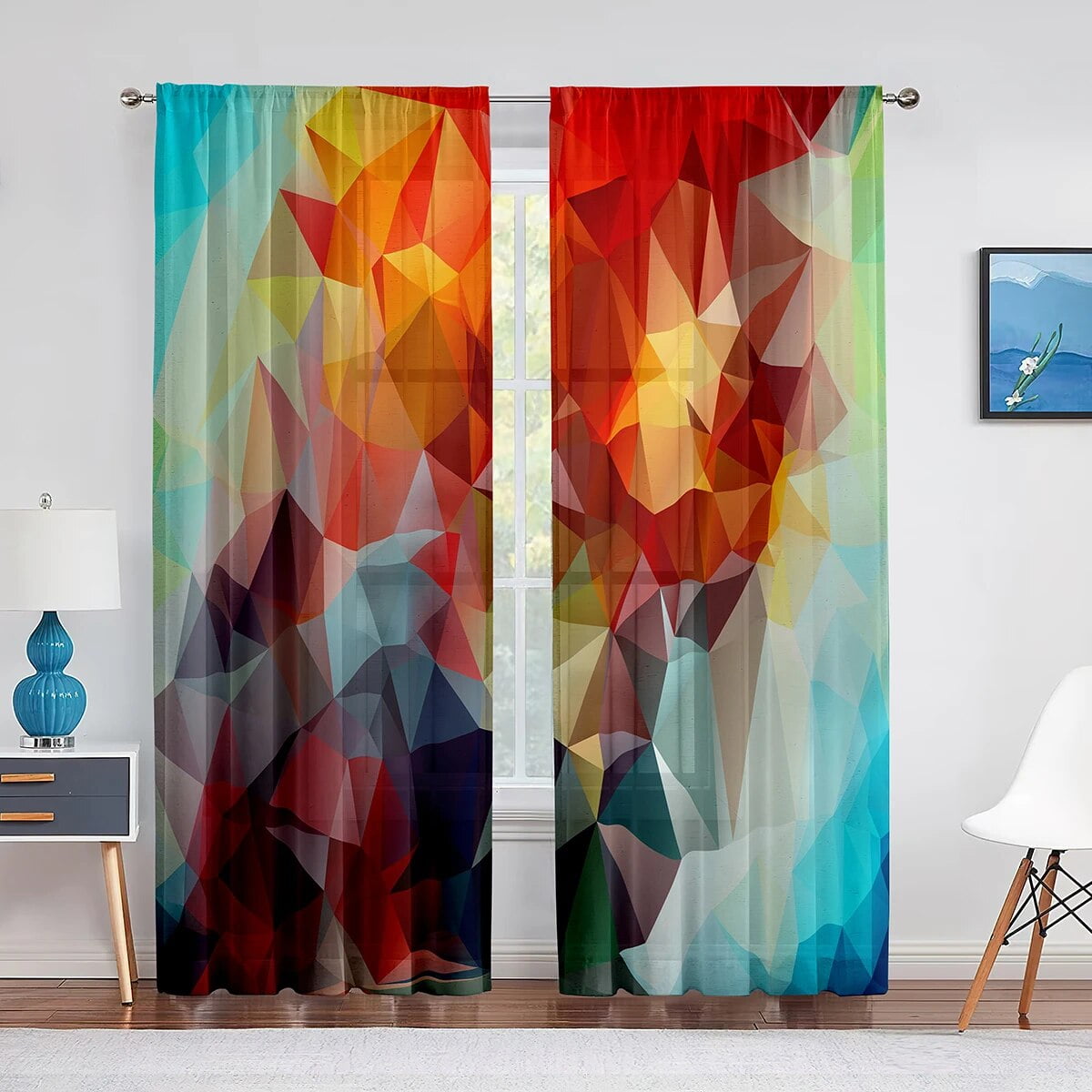 Colorful Gradient Sheer Voile Curtain Triangle Geometric Window Tulle ...