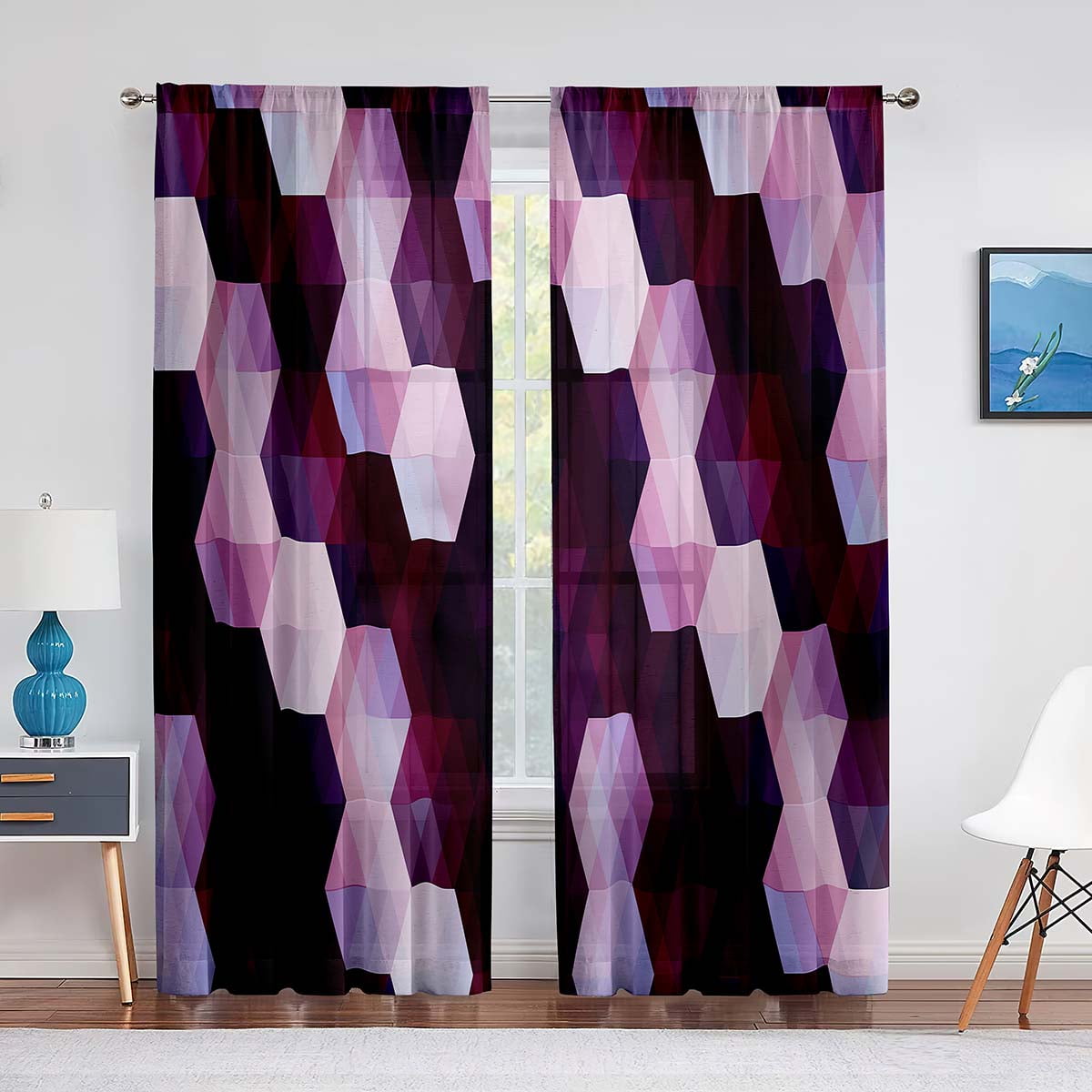 Colorful Gradient Sheer Voile Curtain Triangle Geometric Window Tulle ...