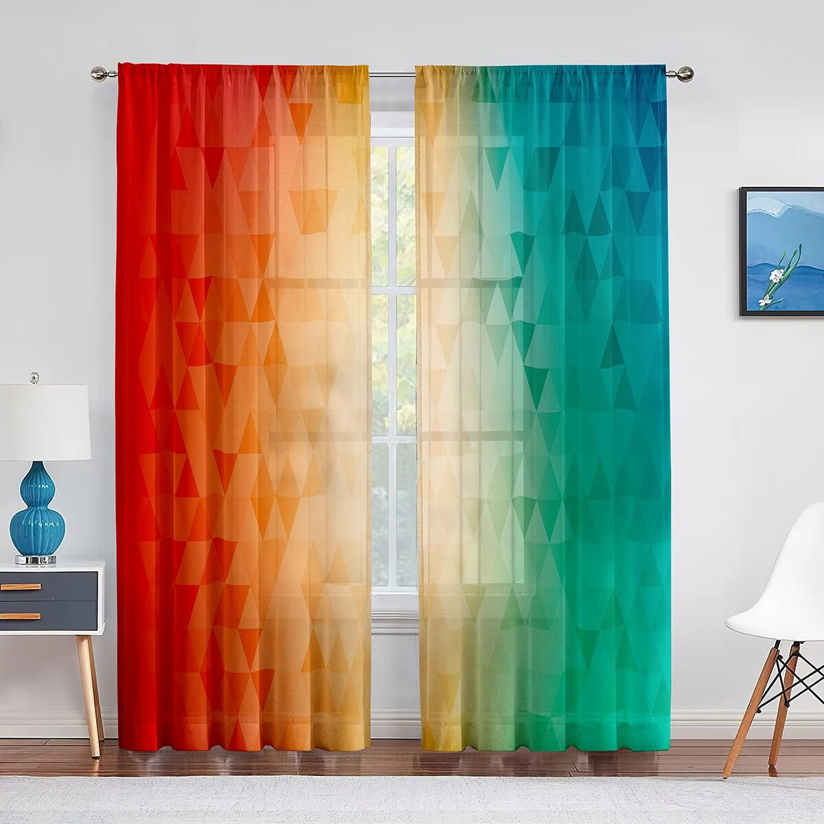 Colorful Gradient Sheer Voile Curtain Triangle Geometric Window Tulle ...