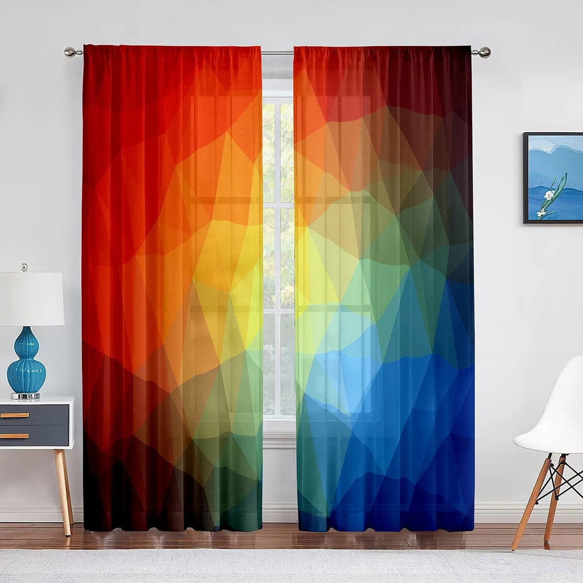 Colorful Gradient Sheer Voile Curtain Triangle Geometric Window Tulle ...