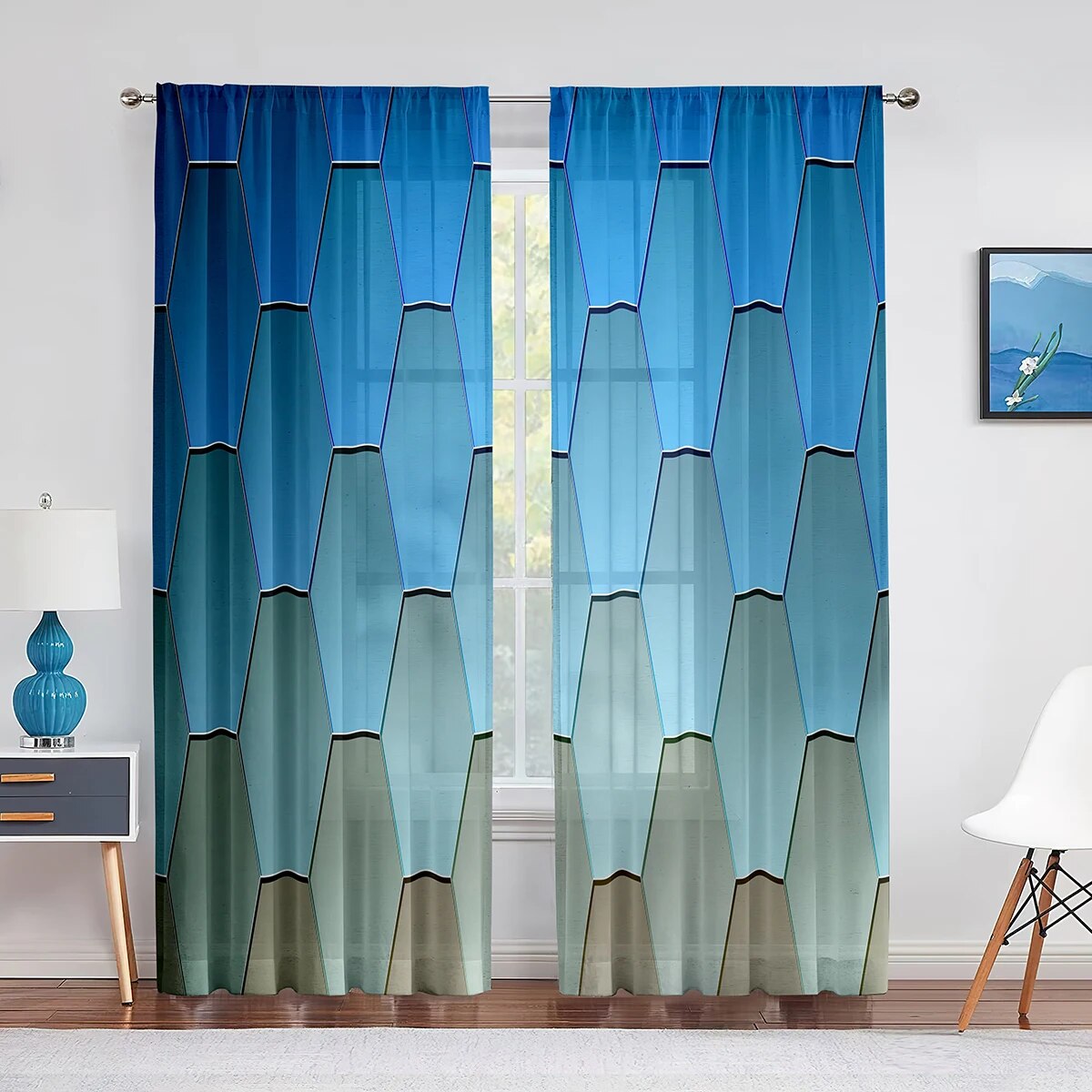 Colorful Gradient Sheer Voile Curtain Triangle Geometric Window Tulle ...