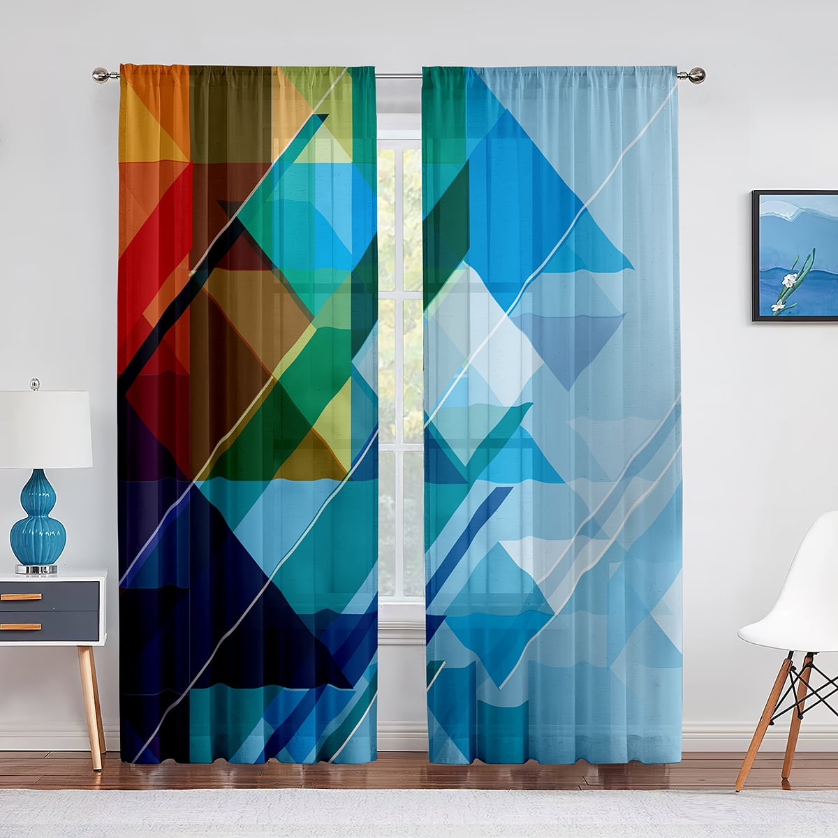 Colorful Gradient Sheer Voile Curtain Triangle Geometric Window Tulle ...