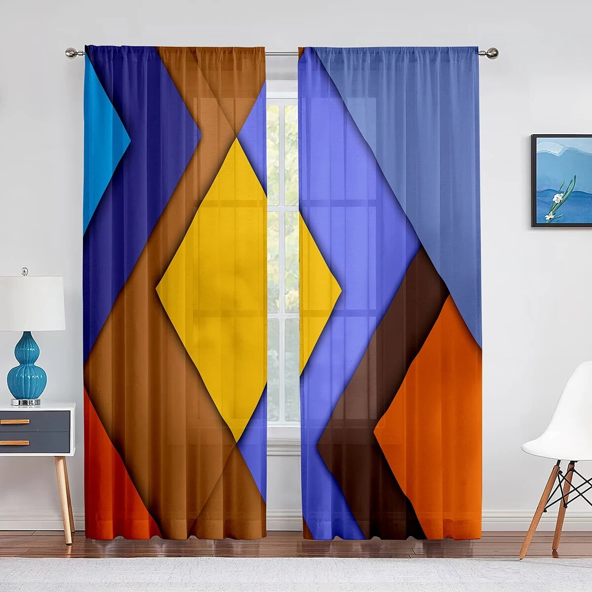 Colorful Gradient Sheer Voile Curtain Triangle Geometric Window Tulle ...