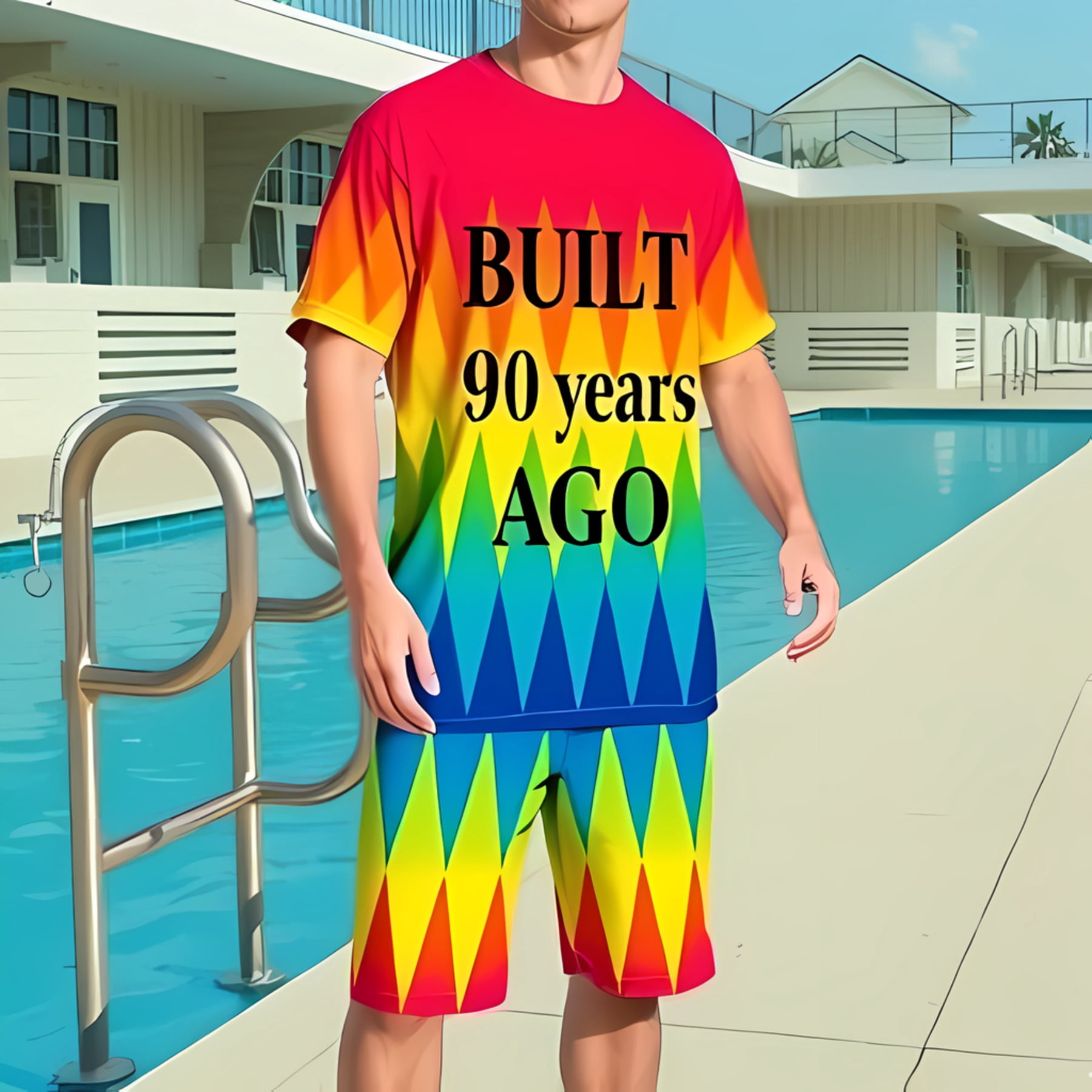 Colorful Gradient T-Shirt and Shorts Set - Playful 'BUILT 90 Years AGO ...