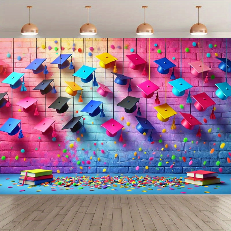 Colorful Graduation Cap Party Banner - Vibrant Polyester Backdrop for ...