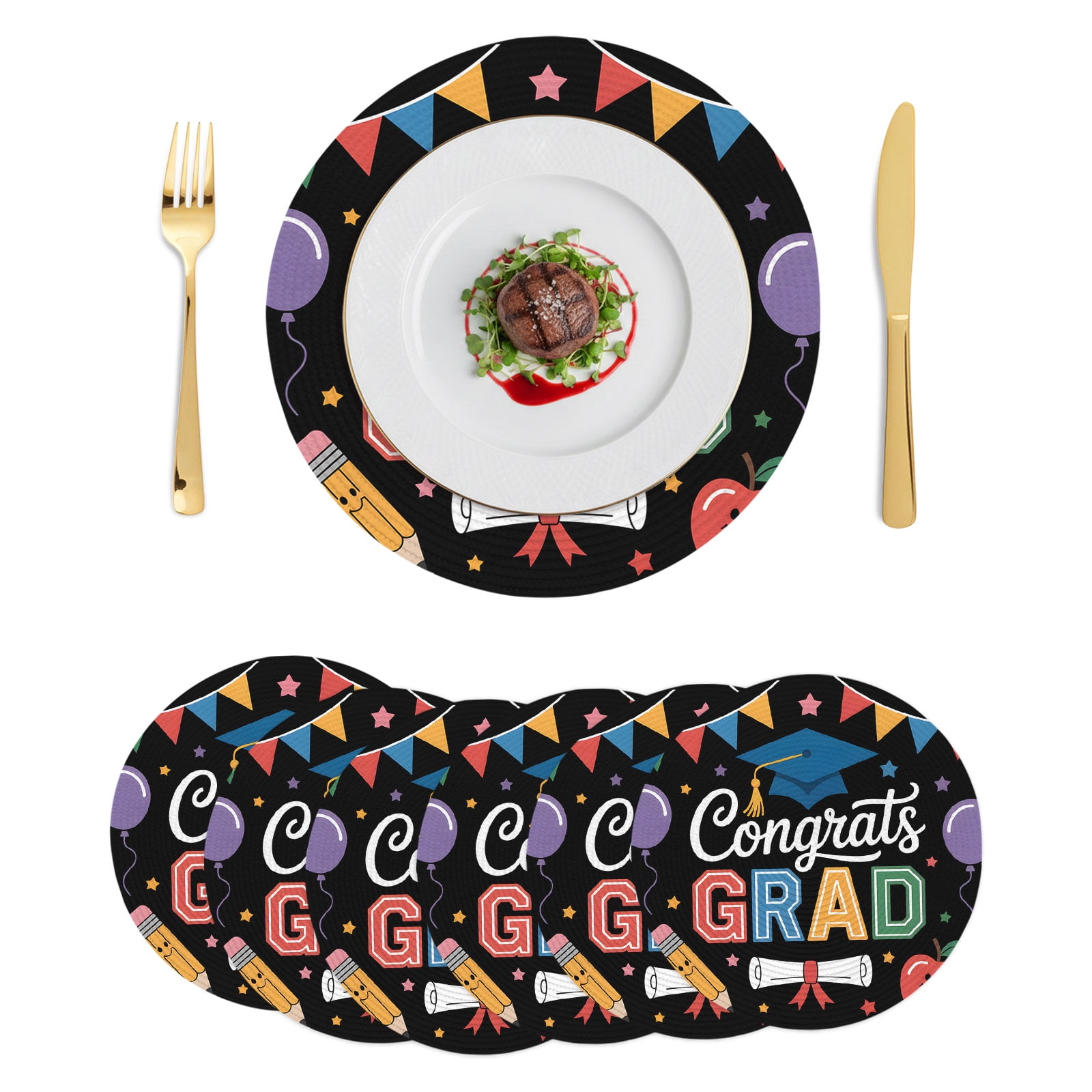 Colorful Graduation Round Placemats Set of 6 Funny Words Modern Art ...