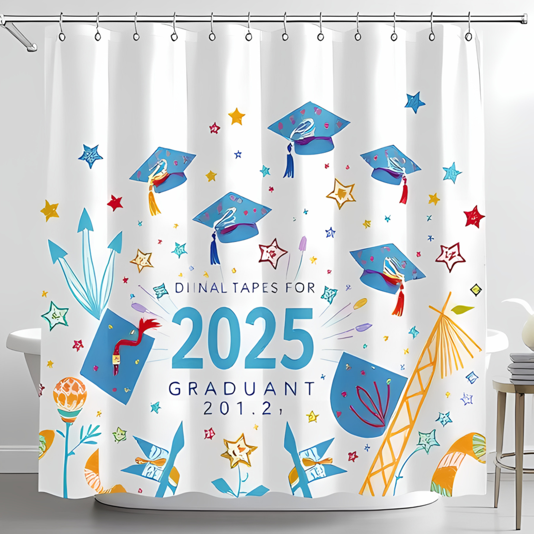 Colorful Graduation Shower Curtain with Stars Diplomas 2025 Grad Theme ...