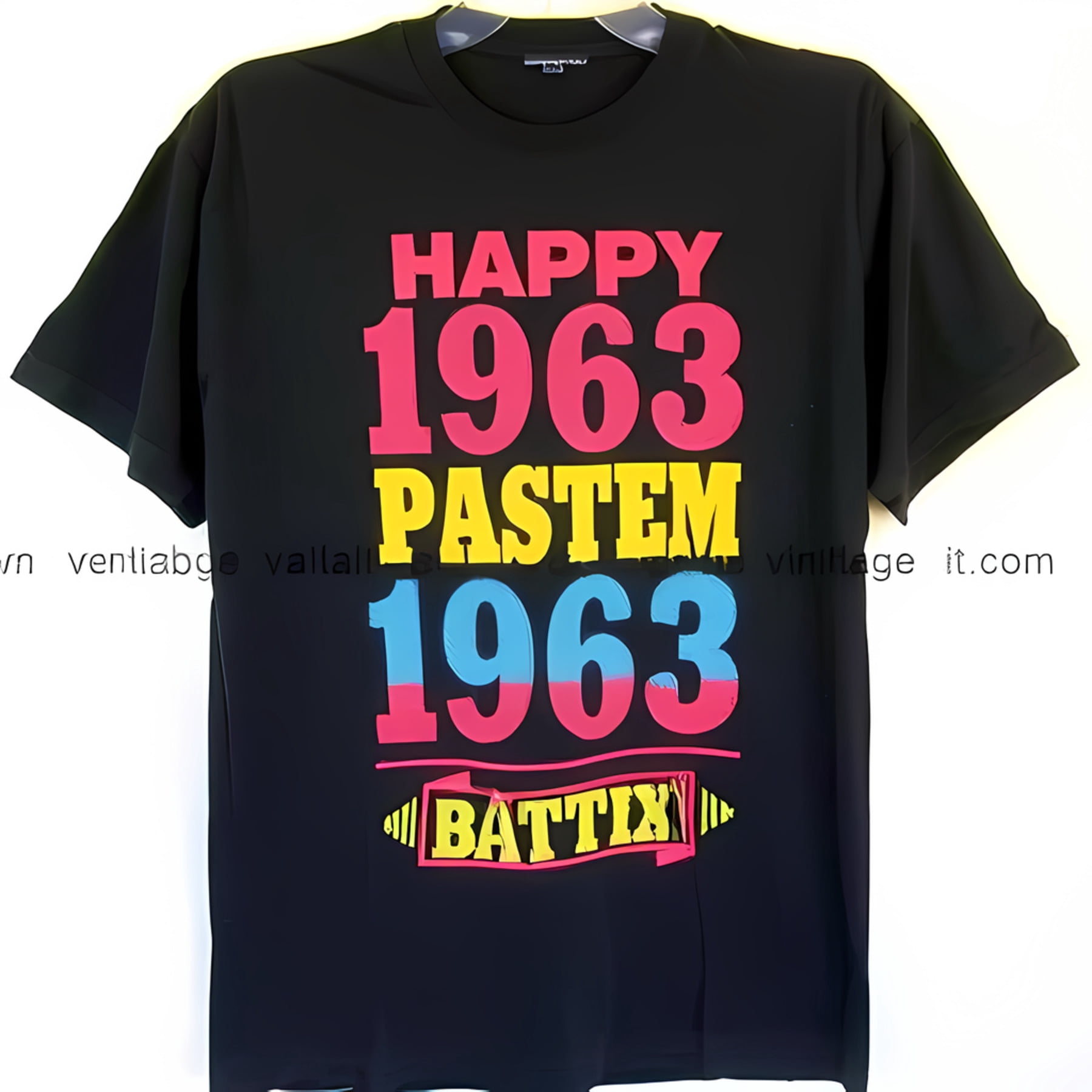 Colorful Graphic Black T-Shirt 'Happy 1963 Pastem 1963 Battix' Design ...