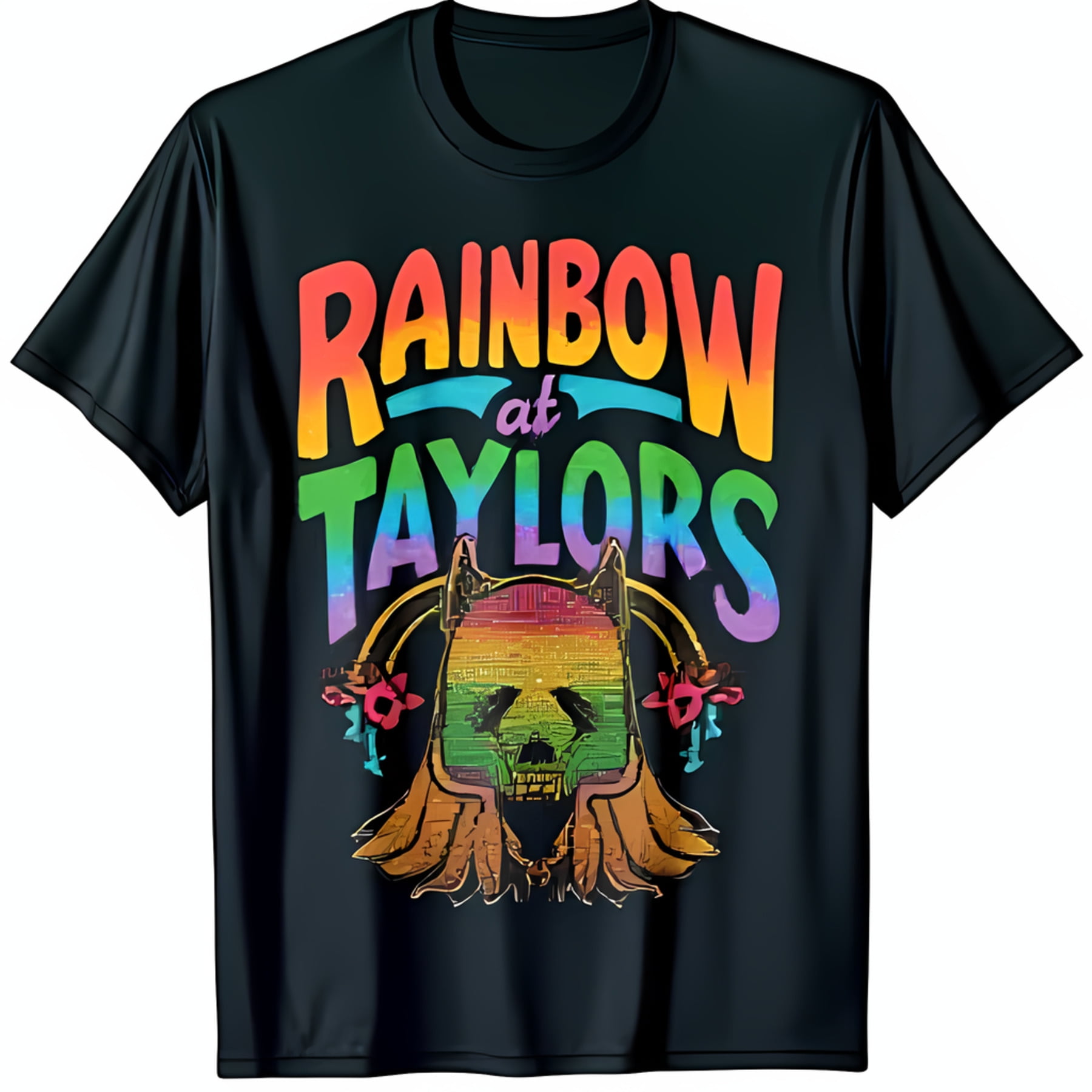 Colorful Graphic Black T-Shirt Rainbow at Taylors Design with Flowers ...