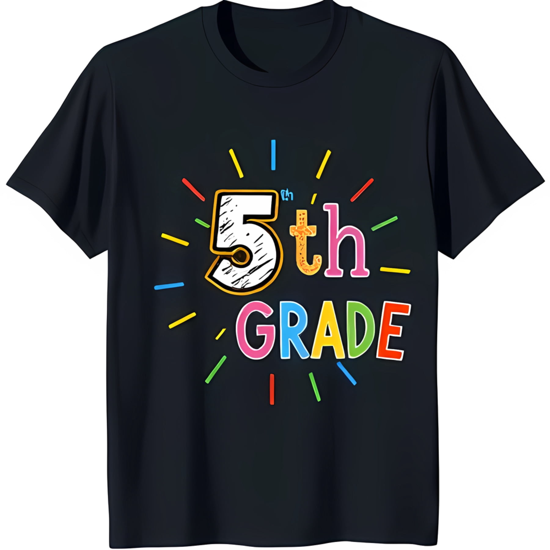 Colorful Graphic Black T-Shirt with Whimsical '5th GRADE' Design Fun ...
