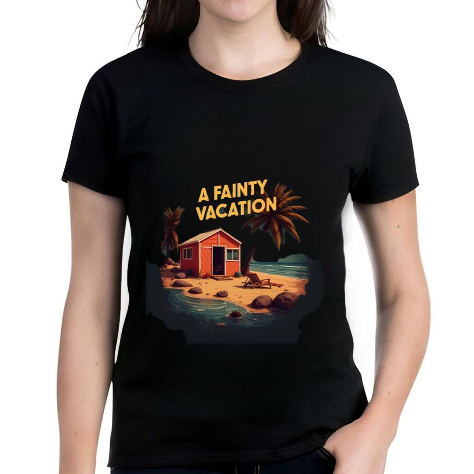 Colorful Graphic Cotton Short Sleeve T-Shirt - " A Faintly Vacation " Beach Design with Trees ...