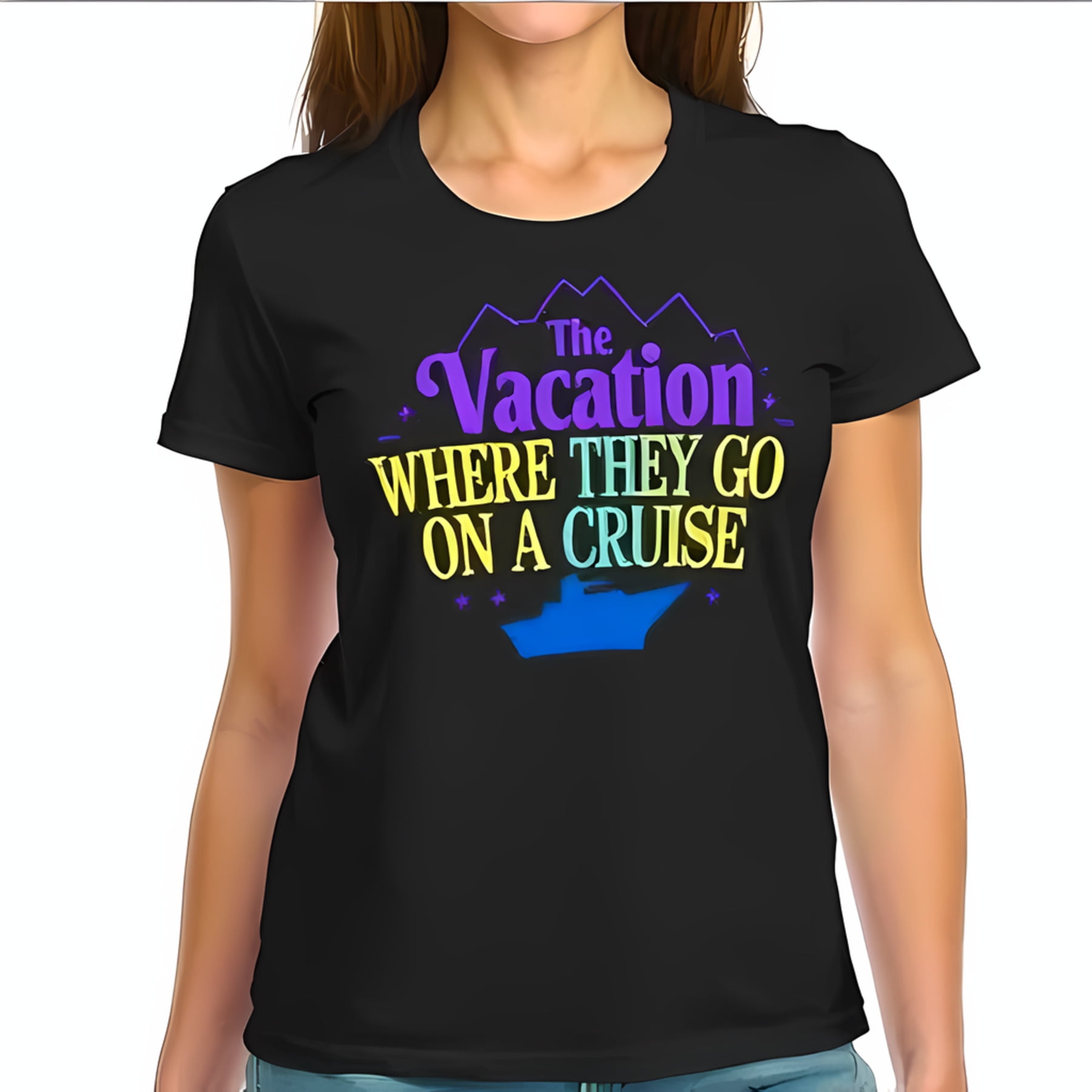 Colorful Graphic Cotton Short Sleeve T-Shirt - Whimsical Mountains & Cruise Ship Design with ...