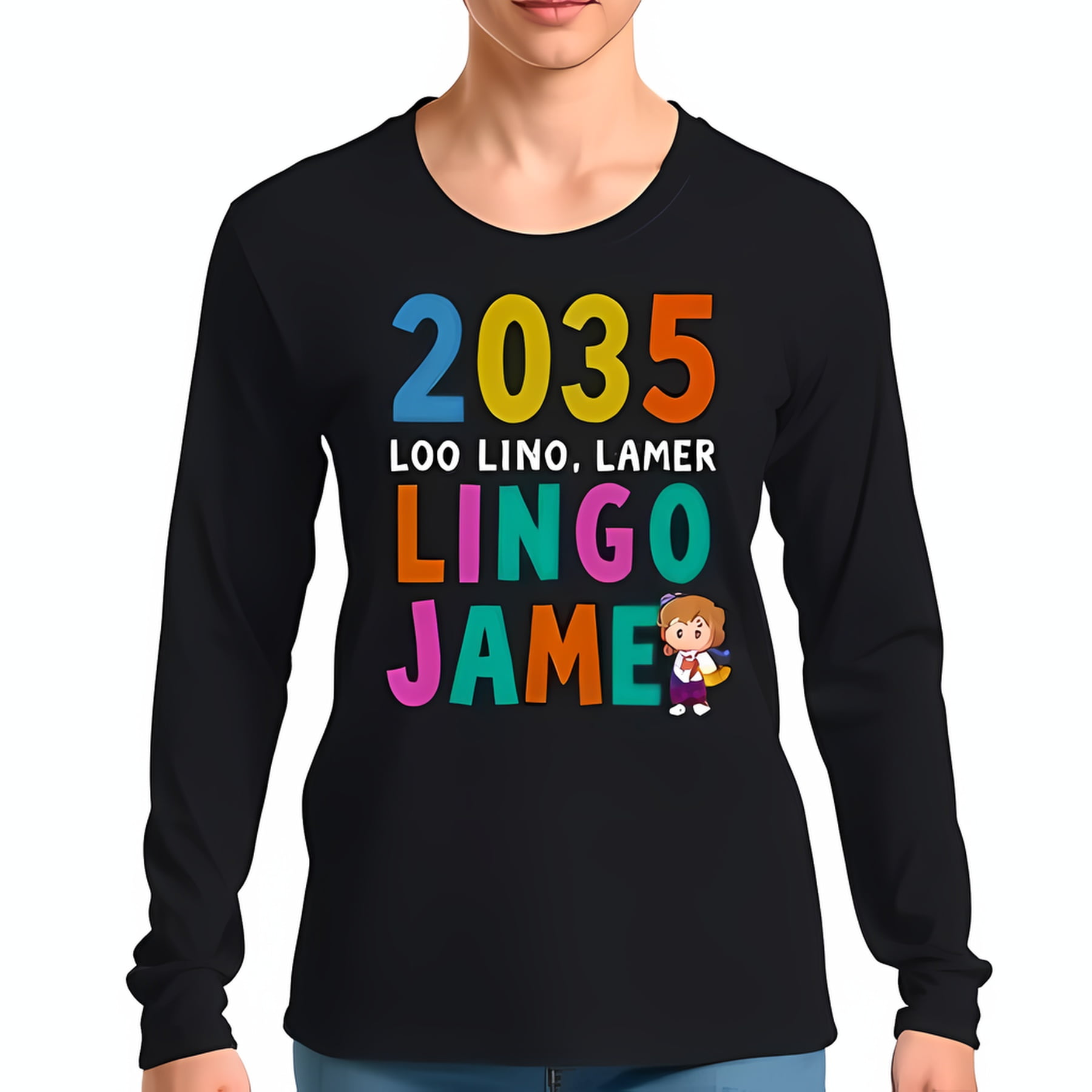 Colorful Graphic Long Sleeve T-Shirt with 2035 Design "LOO LINO LINGO ...