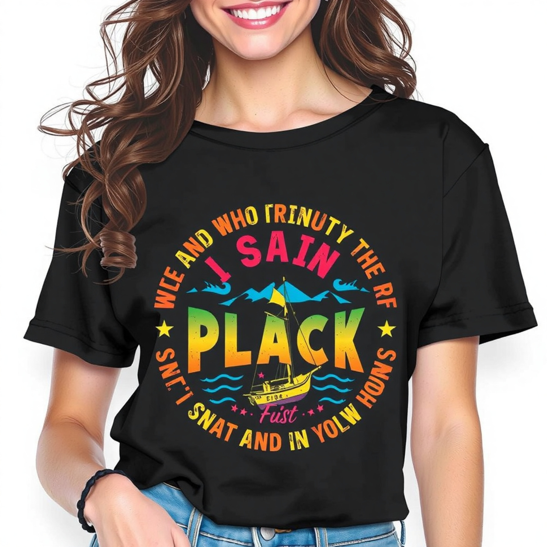 Colorful Graphic T-Shirt with "I Sain Plack" Design Casual Wear for ...