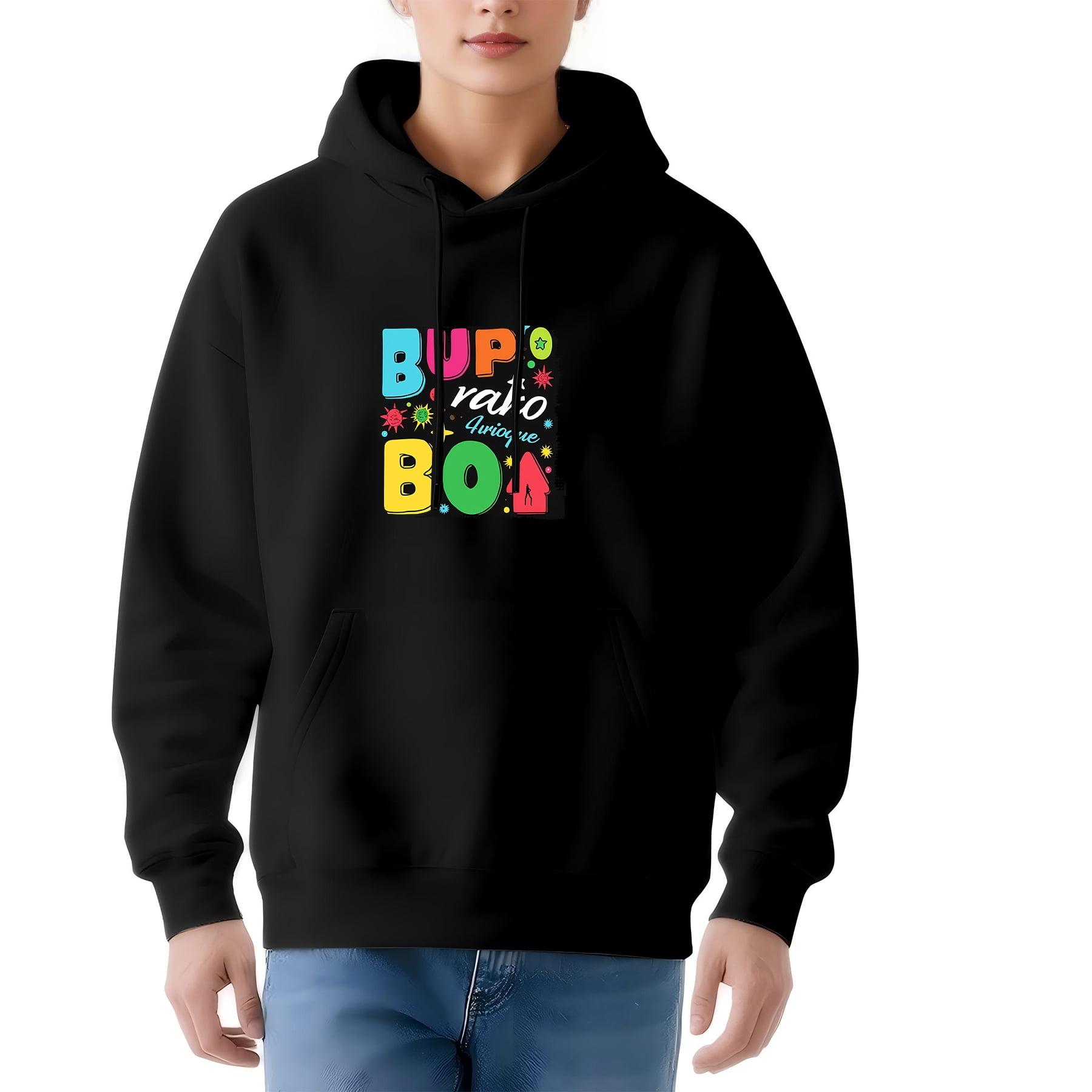Colorful Graphic Women's Hoodie with Front Pocket ' BUPO RATO BO ' Text ...