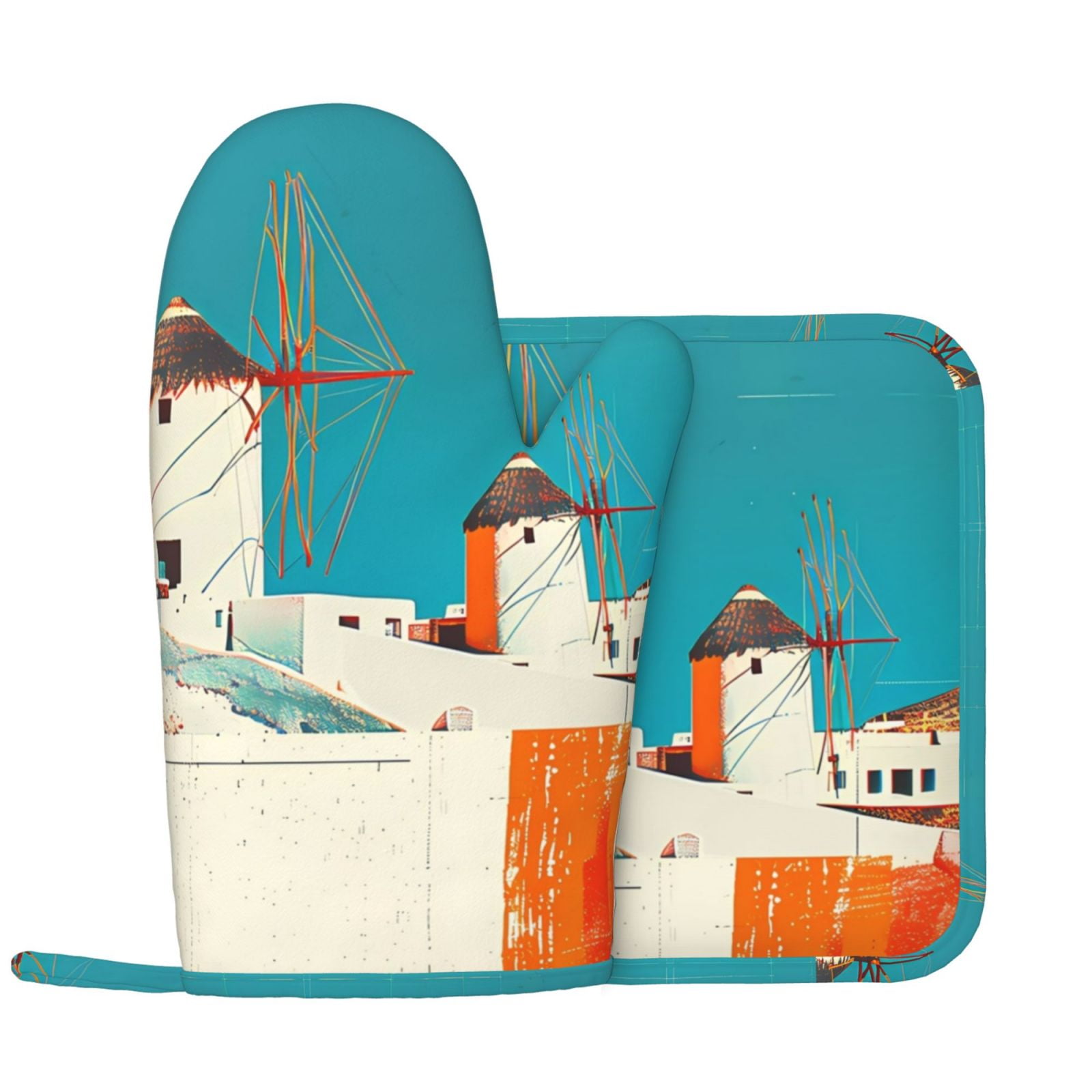 Colorful Greek Windmills Oven Mitts and Pot Holders Sets, Heat ...