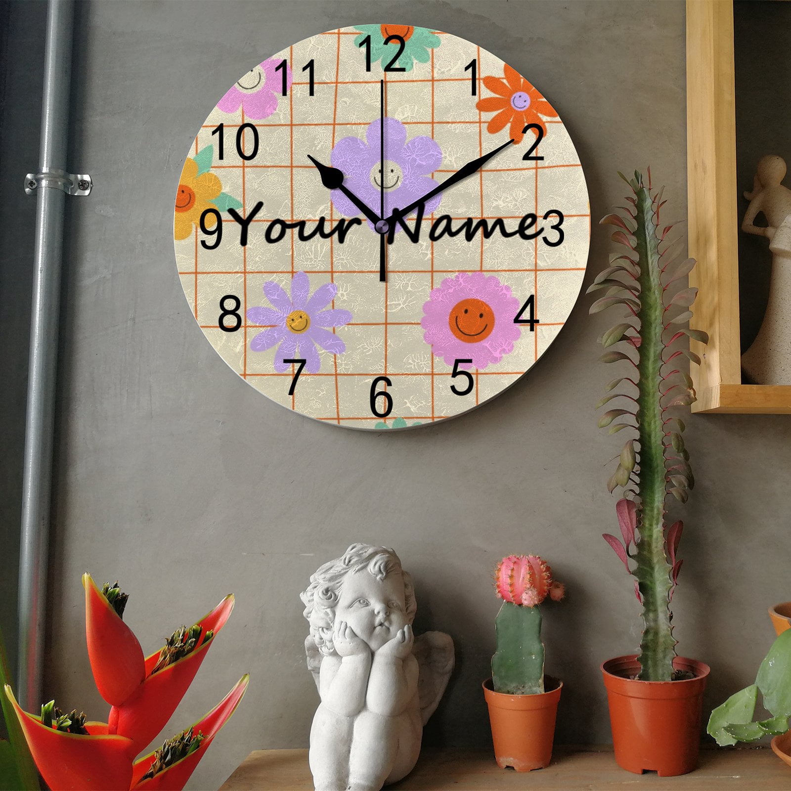 Colorful Groovy Flowers Round Wall Clock 10 Inch, Silent Non Ticking ...