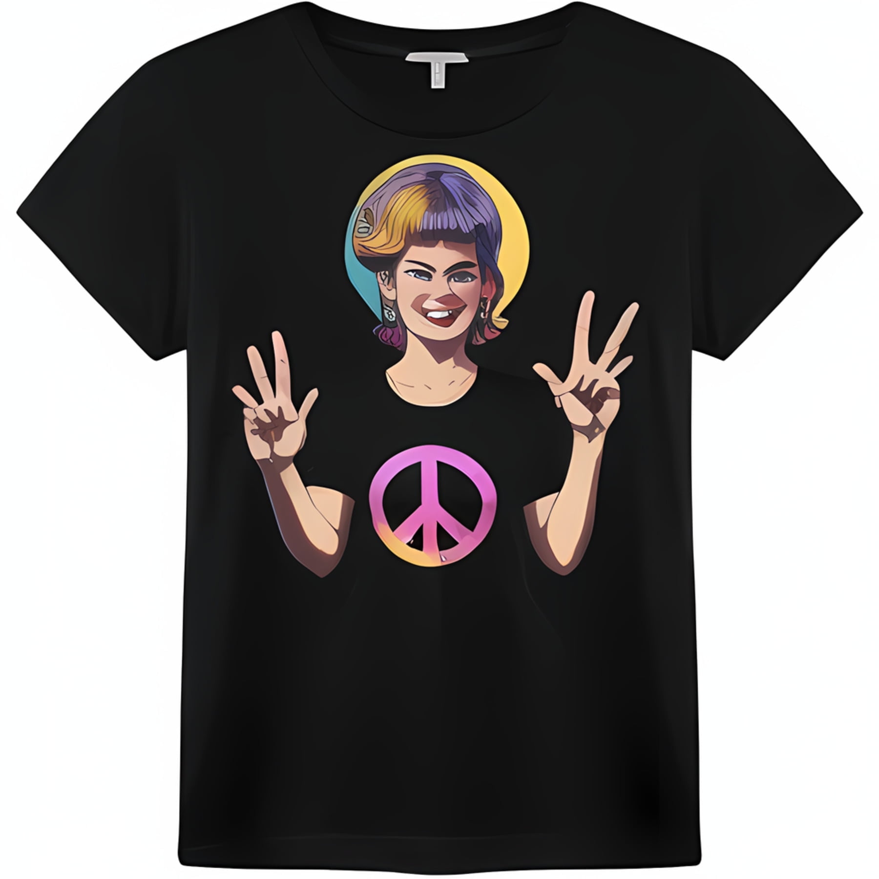 Colorful Hair Woman Peace Sign Graphic T-Shirt Retro meets modern in ...