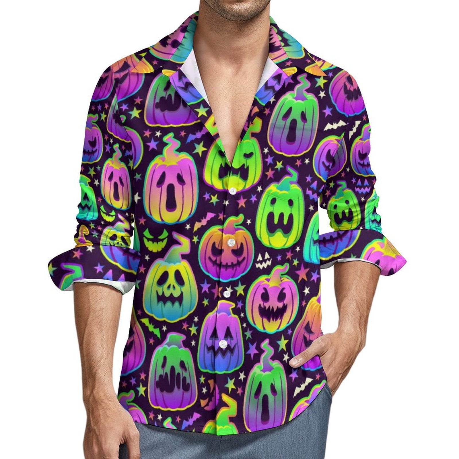 Colorful Halloween Pumpkins Mens Long Sleeve Button Down Shirts, Casual ...