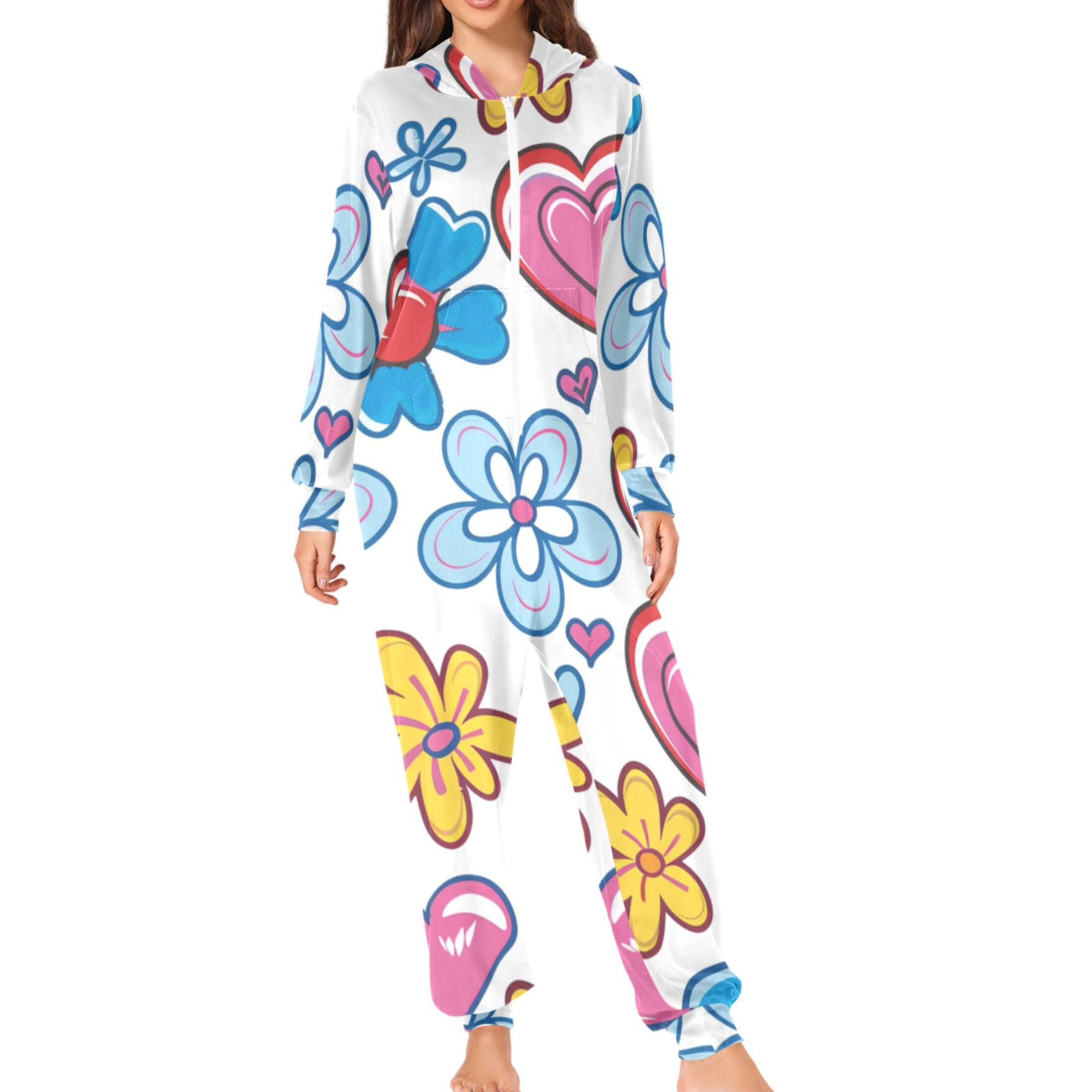 Colorful Hand Drawn Hearts Flowers Adult's Hoodie Onesie Jumpsuit One ...