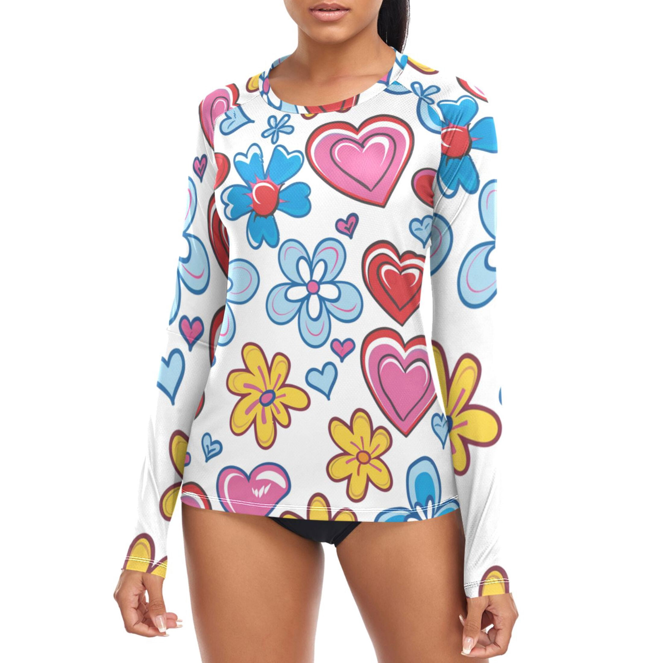 Colorful Hand Drawn Hearts Flowers Women's Rash Guard Shirts UPF 50 ...