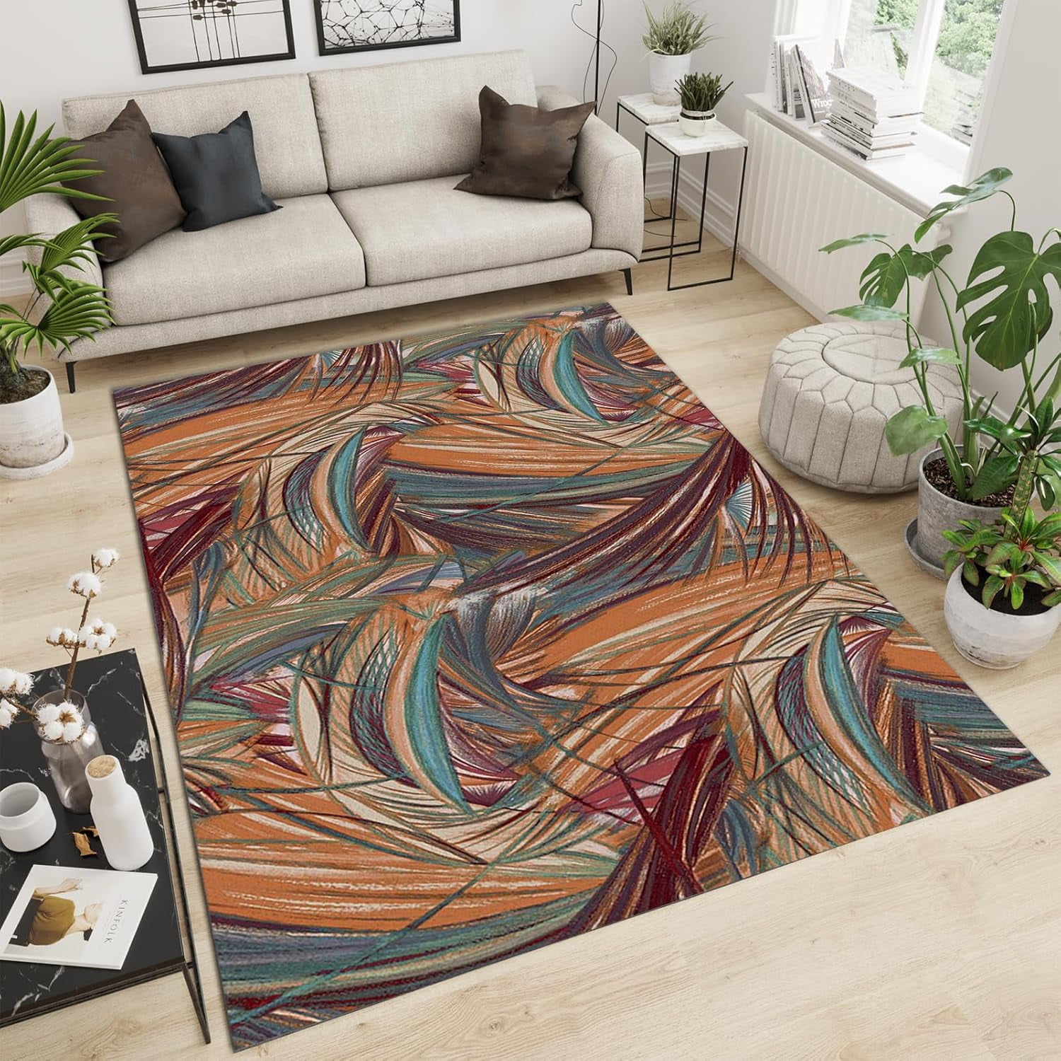 Colorful Hand Drawn Lines Area Rugs, 3D Modern Leaves Abstract ...