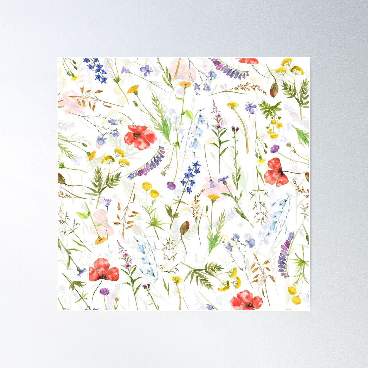 Colorful Hand Drawn Watercolor Wildflower Pattern Poster Wall Art ...