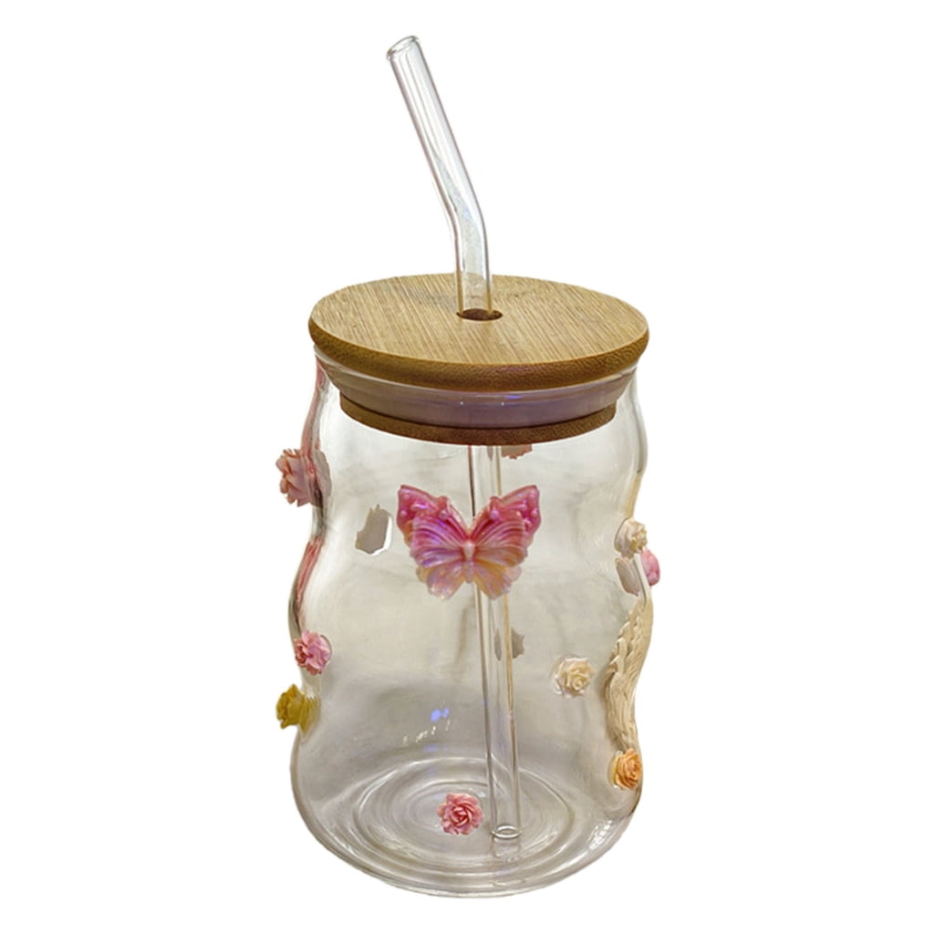 Colorful Handmade Butterfly Designs Glass Cup with Lid for Social ...