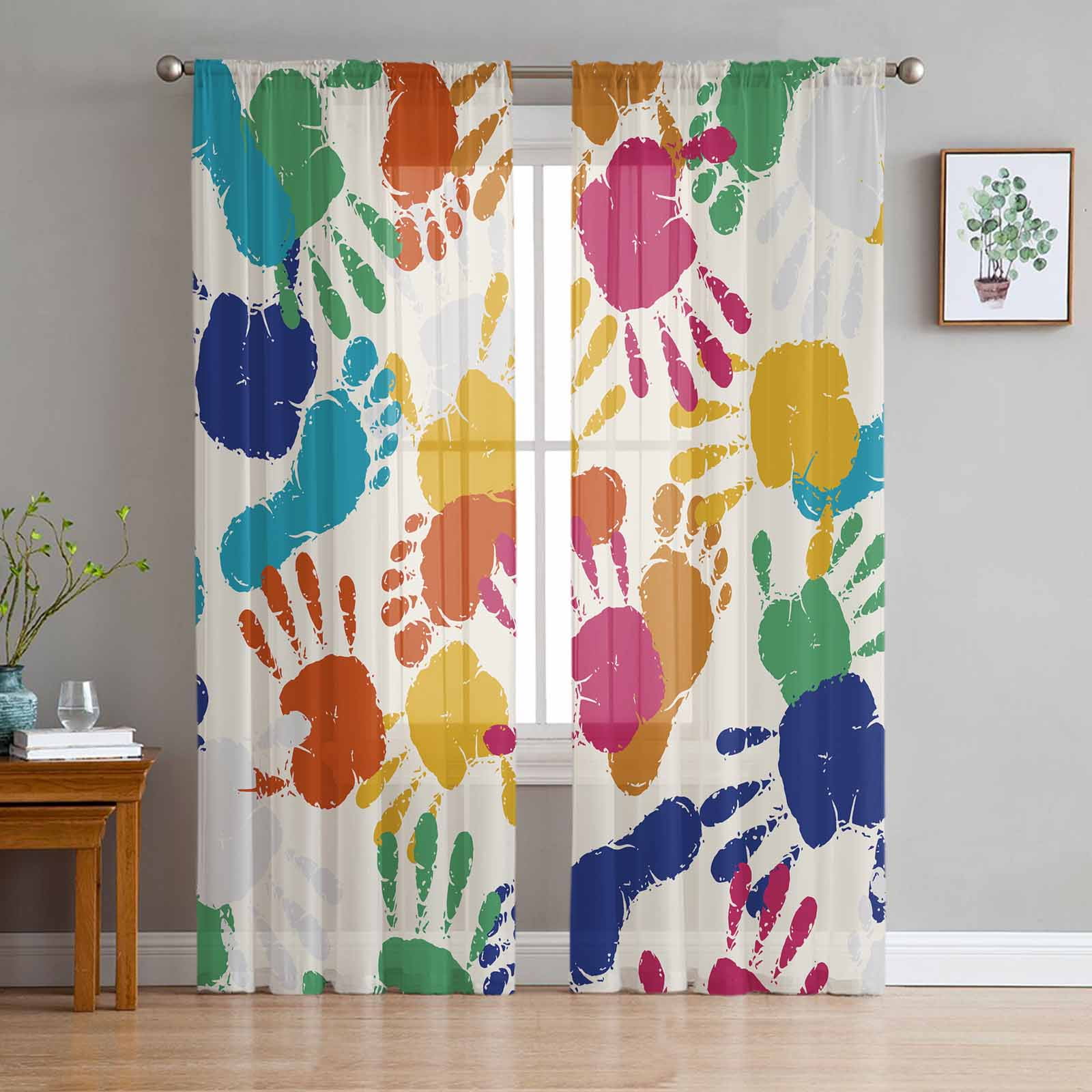 Colorful Handprint And Footprint Texture Sheer Curtain Living Room ...