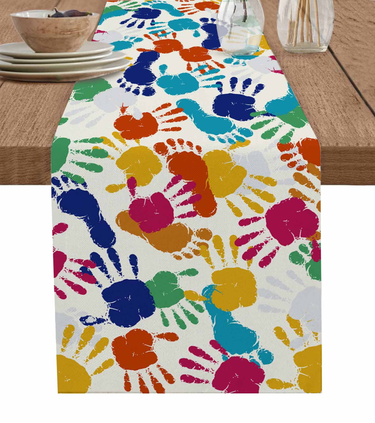 Colorful Handprint And Footprint Texture Table Runner Kitchen Table ...