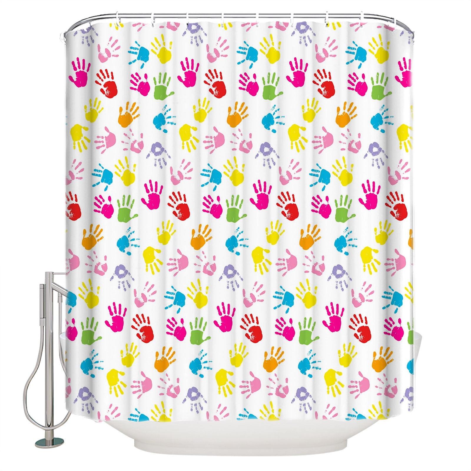 Colorful Handprint Bathroom Shower Curtains with 12 Hooks Polyester ...
