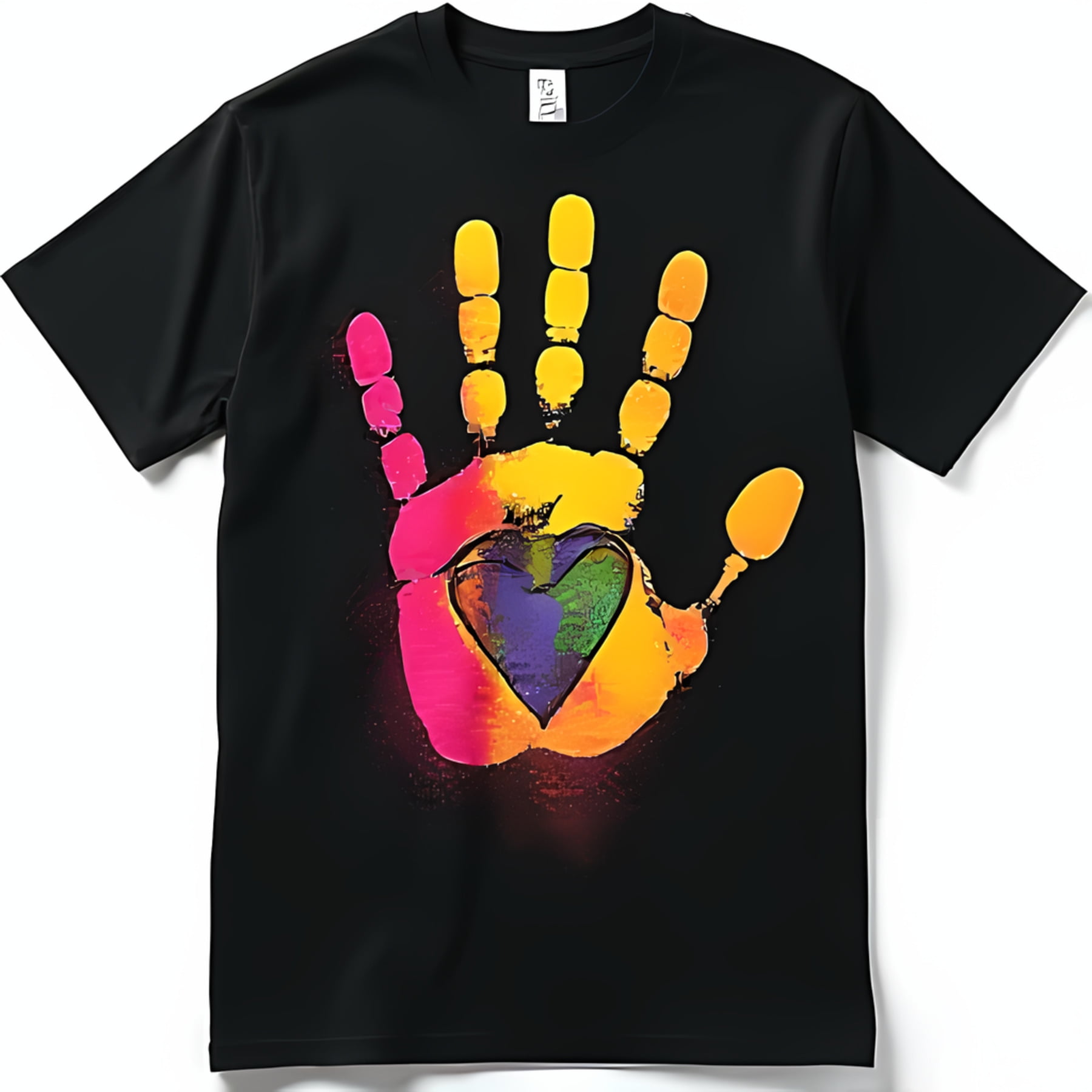 Colorful Handprint Graphic Black T-Shirt with Heart Design for Men ...