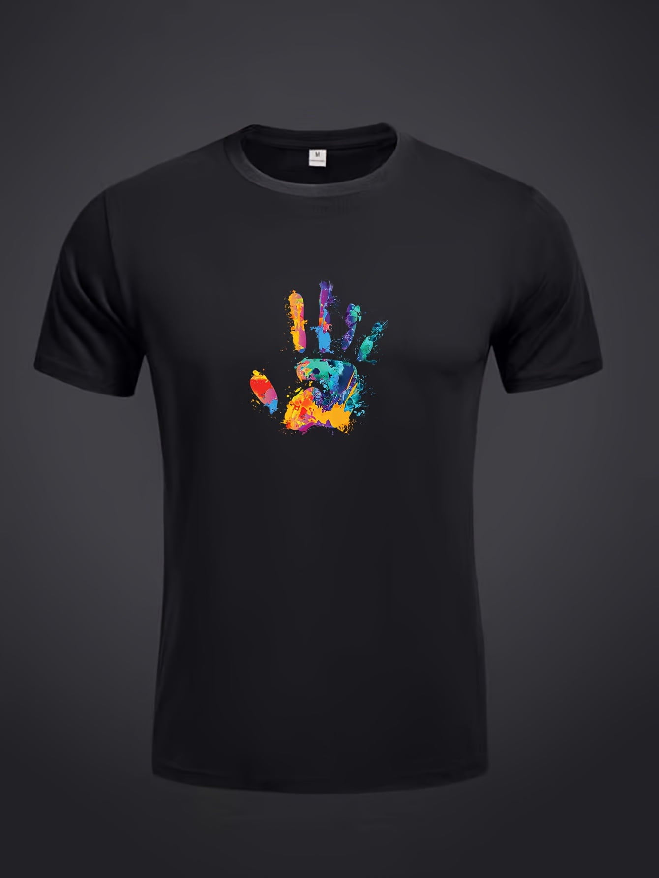 Colorful Handprint Graphic Cotton T-shirt, Men's Casual Solid Color ...