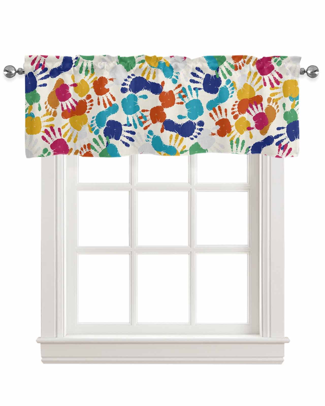 Colorful Handprint Linen Curtain Valance for Bedroom/Bathroom/Kitchen ...