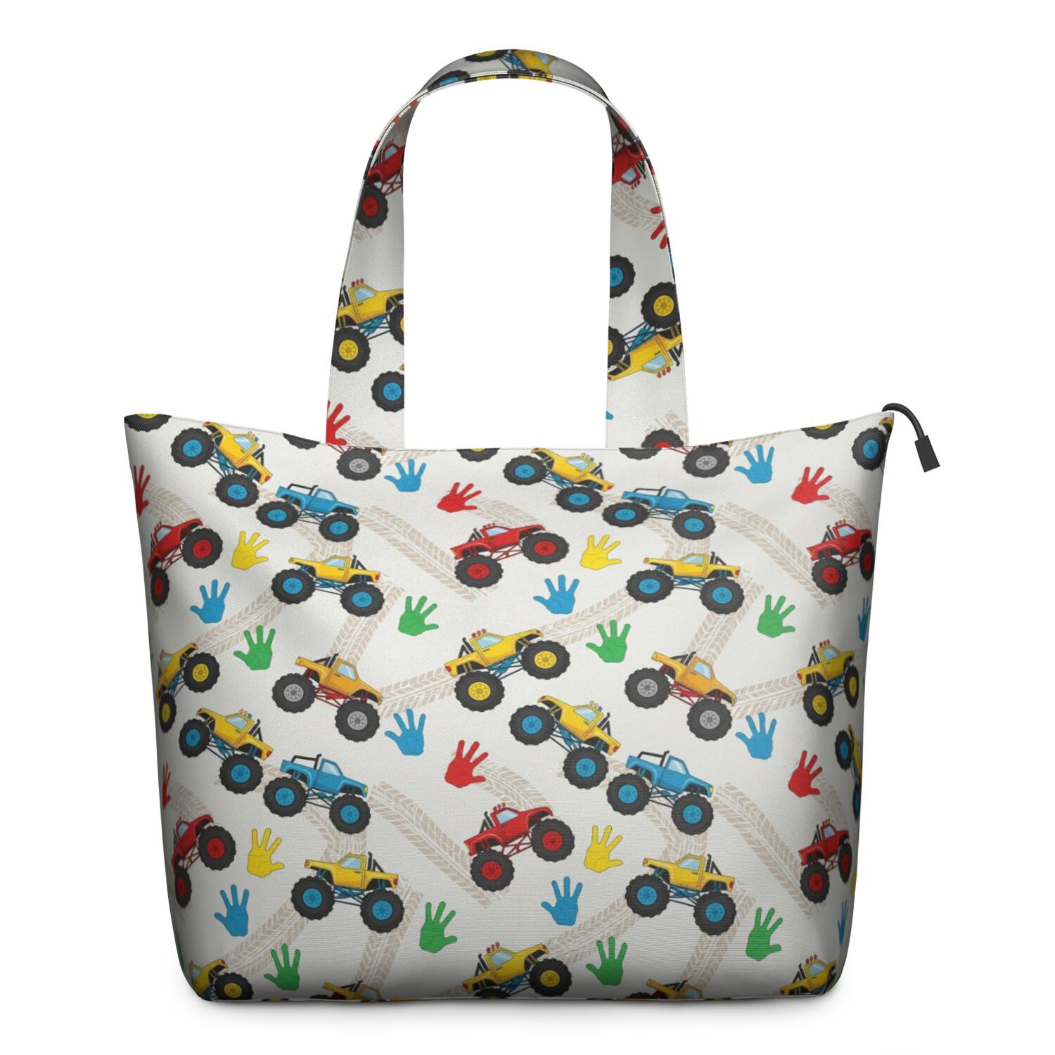 Colorful Handprint Monster Cartoon Trucks Pattern Travel Tote Bags for ...