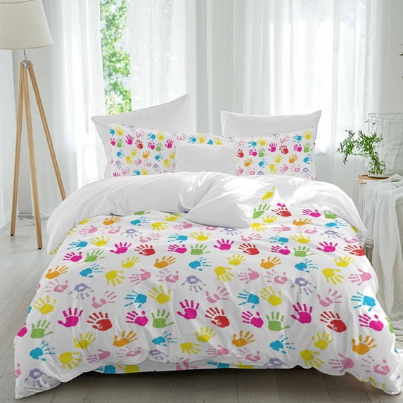 Colorful Handprints Duvet Cover Set Twin Size, Modern Abstract ...
