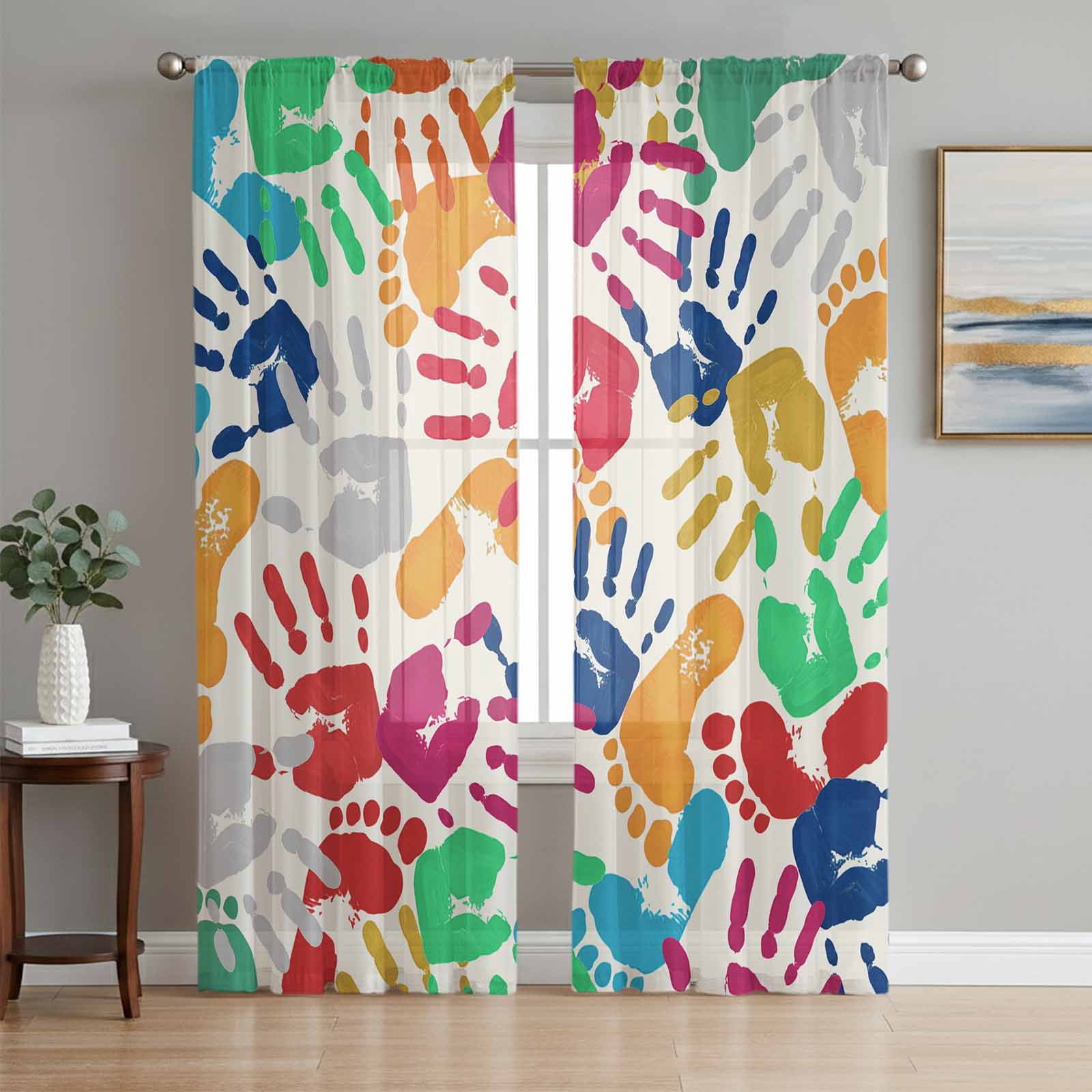 Colorful Handprints Sheer Curtains 63 Inch Length 2 Panels Set, Rainbow ...