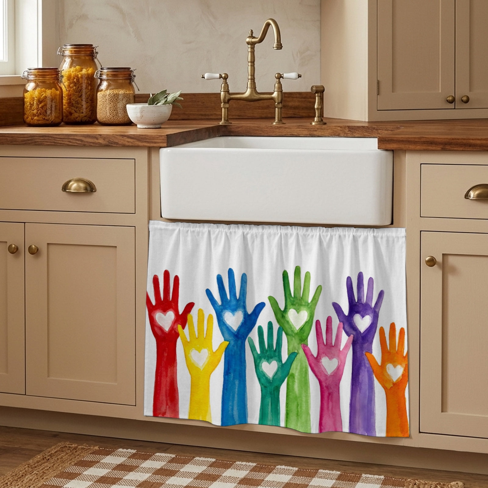 Colorful Hands Print Cabinet Curtains 28"W x 35L, Cartoon Cute Funny ...