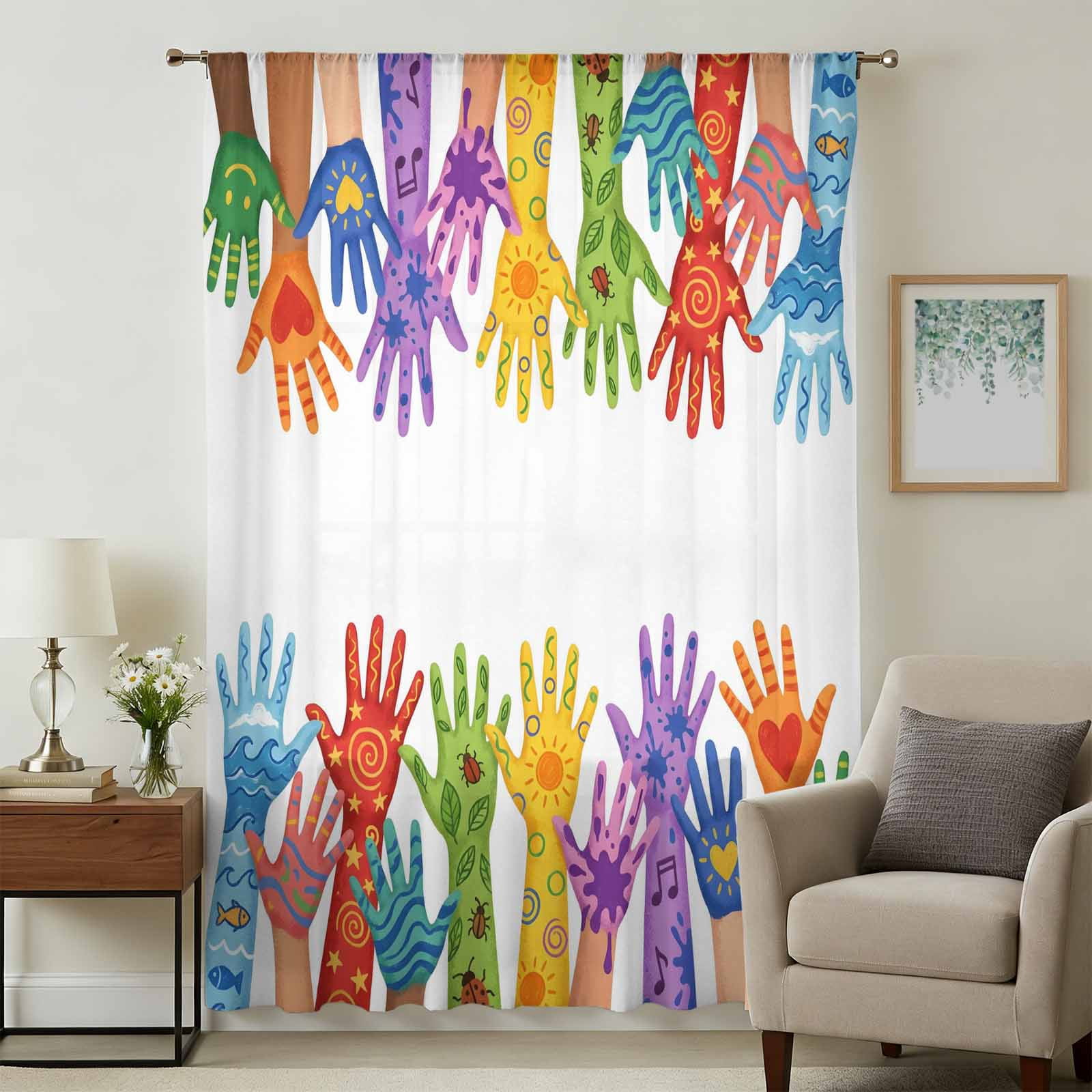 Colorful Hands Print Sheer Curtains 54 Inches Long, Cartoon Cute Funny ...