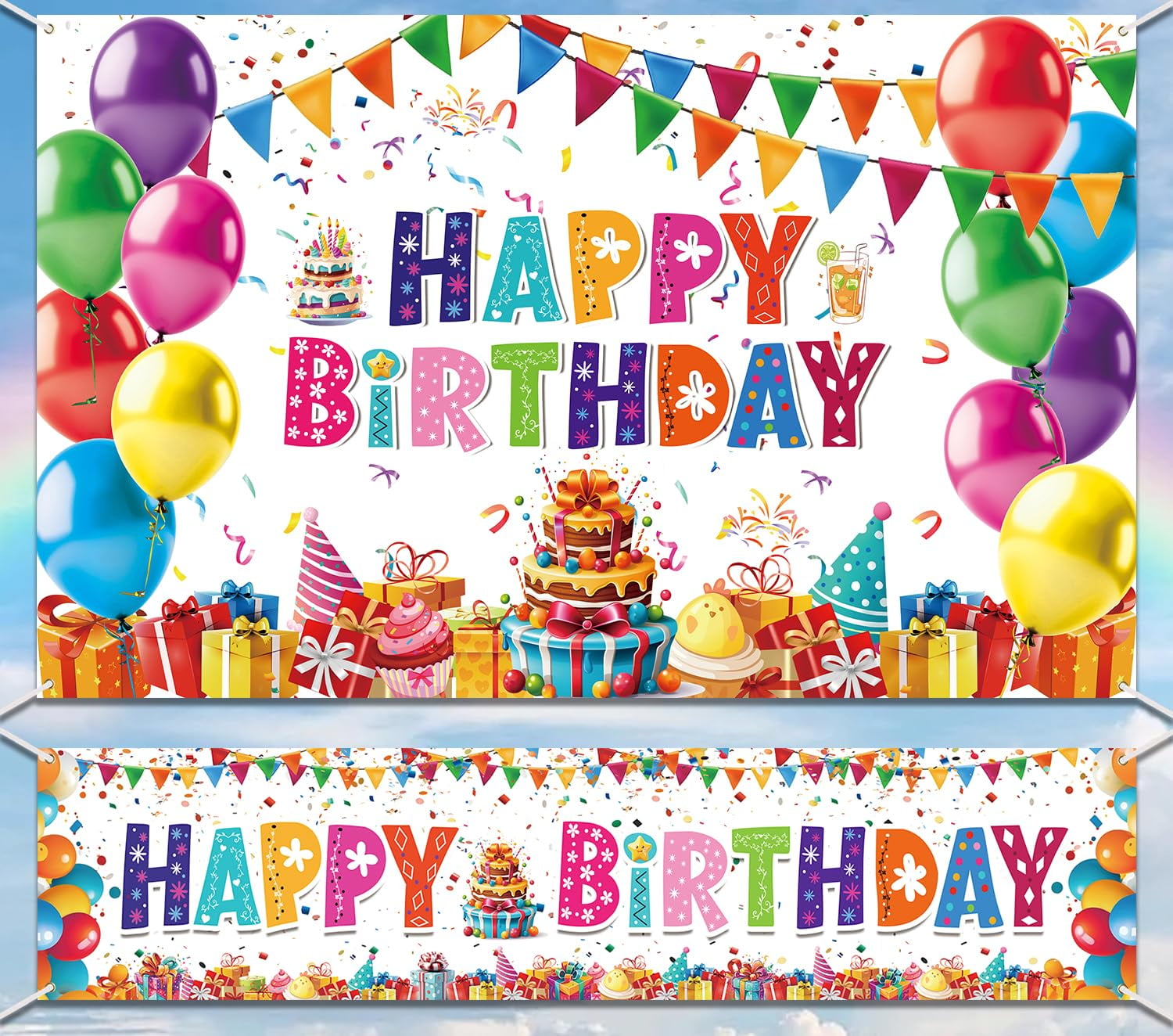 Colorful Happy Birthday Banner,2 Pieces Large Fabric Happy Birthday ...