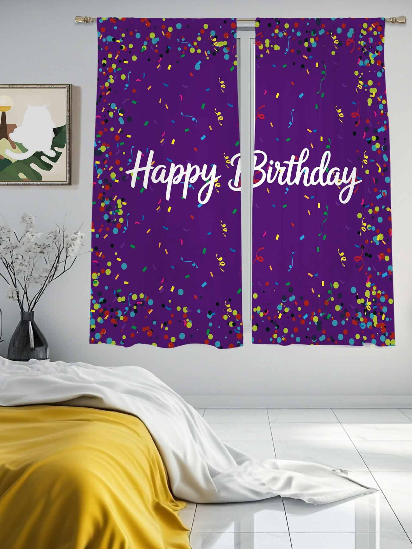 Colorful Happy Birthday Chiffon Sheer Curtains 63 Inches Long Purple ...