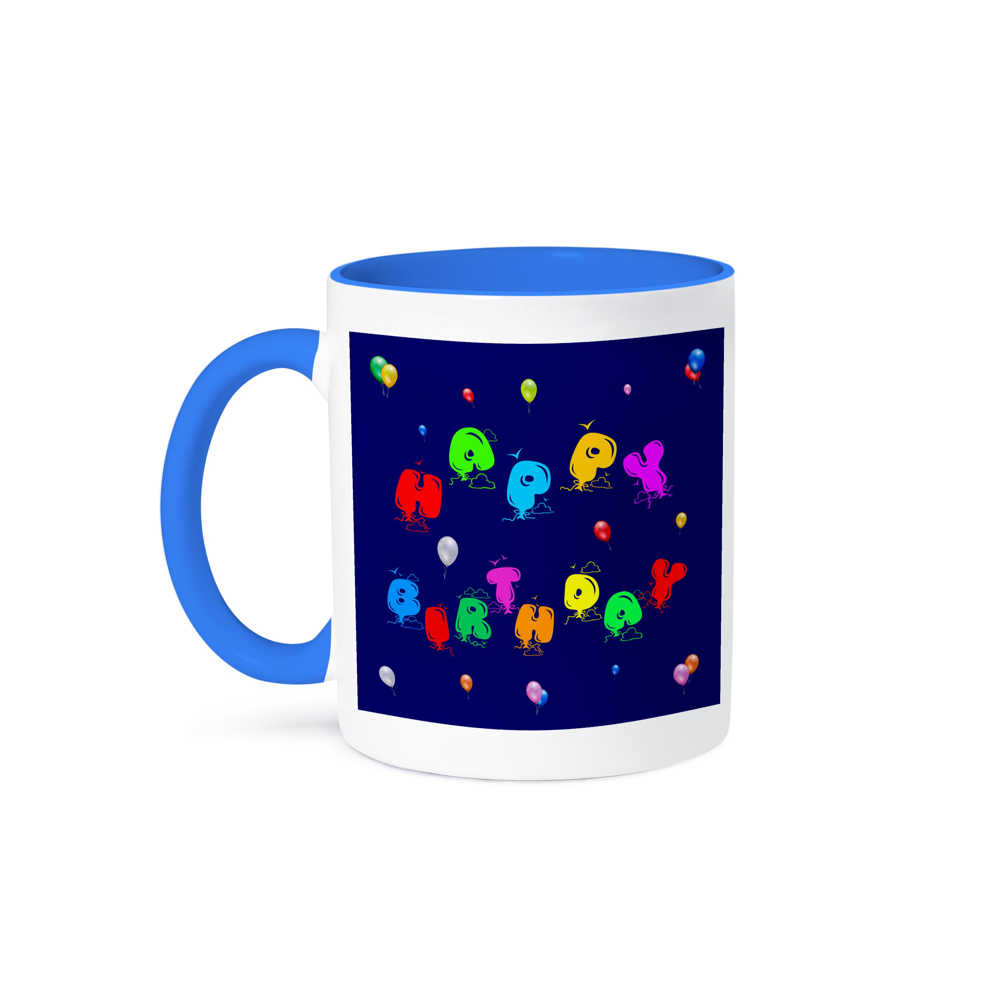 3dRose, Colorful Happy Birthday text in the form of toy balloons on blue, 15oz Two-Tone Blue Mug ...