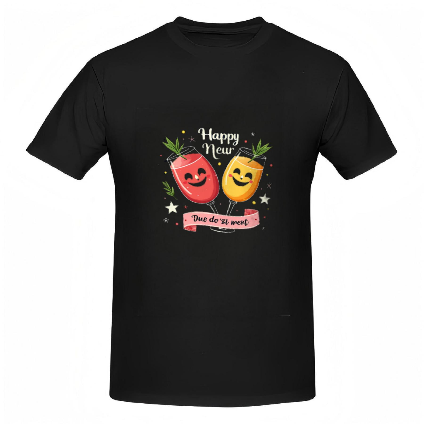 Colorful Happy New Year Cotton Short Sleeve T-Shirt with Smiling Drink ...