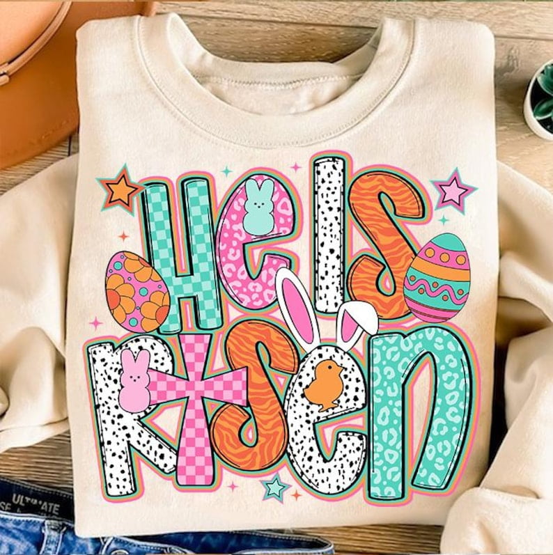 Colorful He Is Risen Easter Sweater, Christian Easter Shirt, Checkered ...