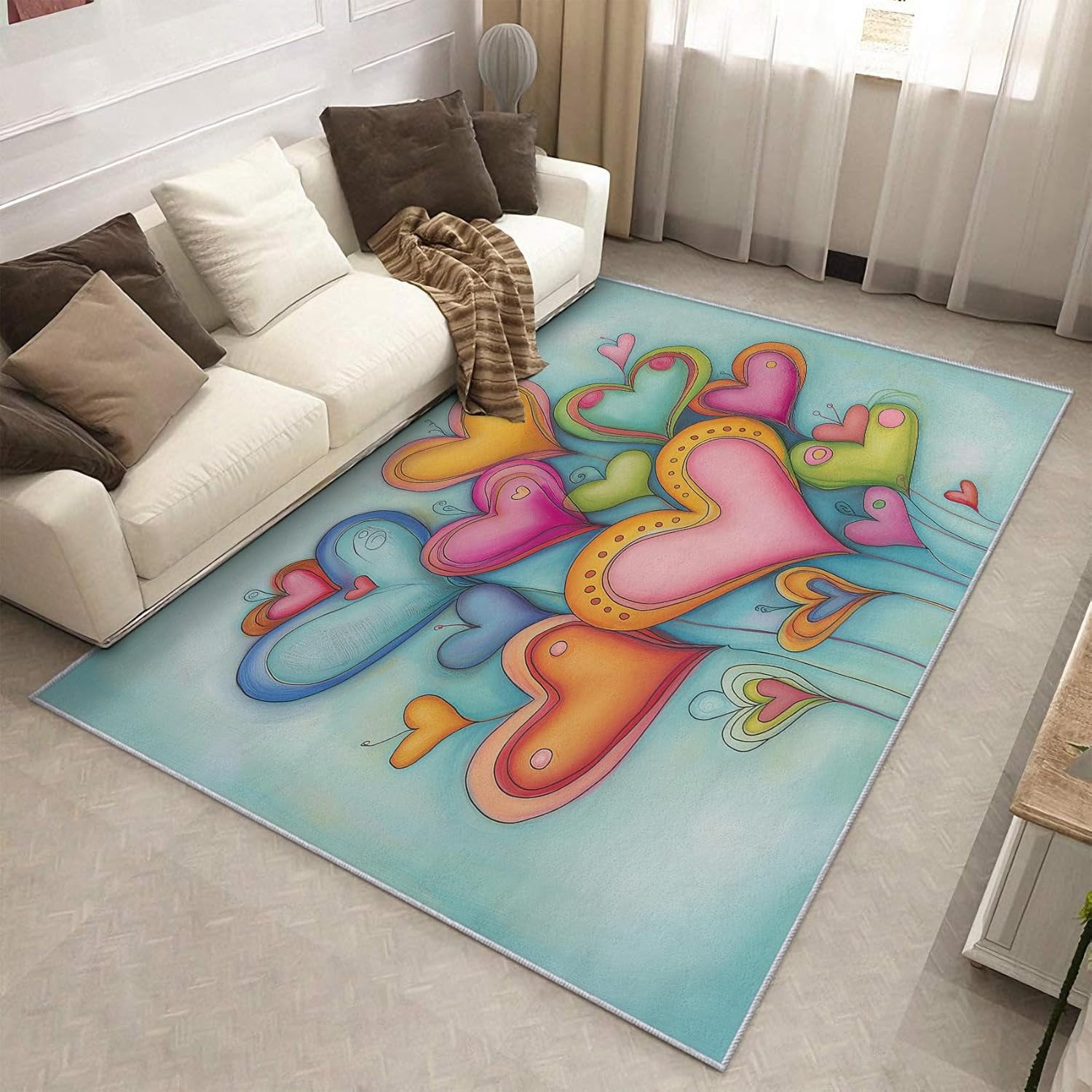Colorful Heart Area Rug, Balloon Love Pattern Carpet, Washable Non Slip ...