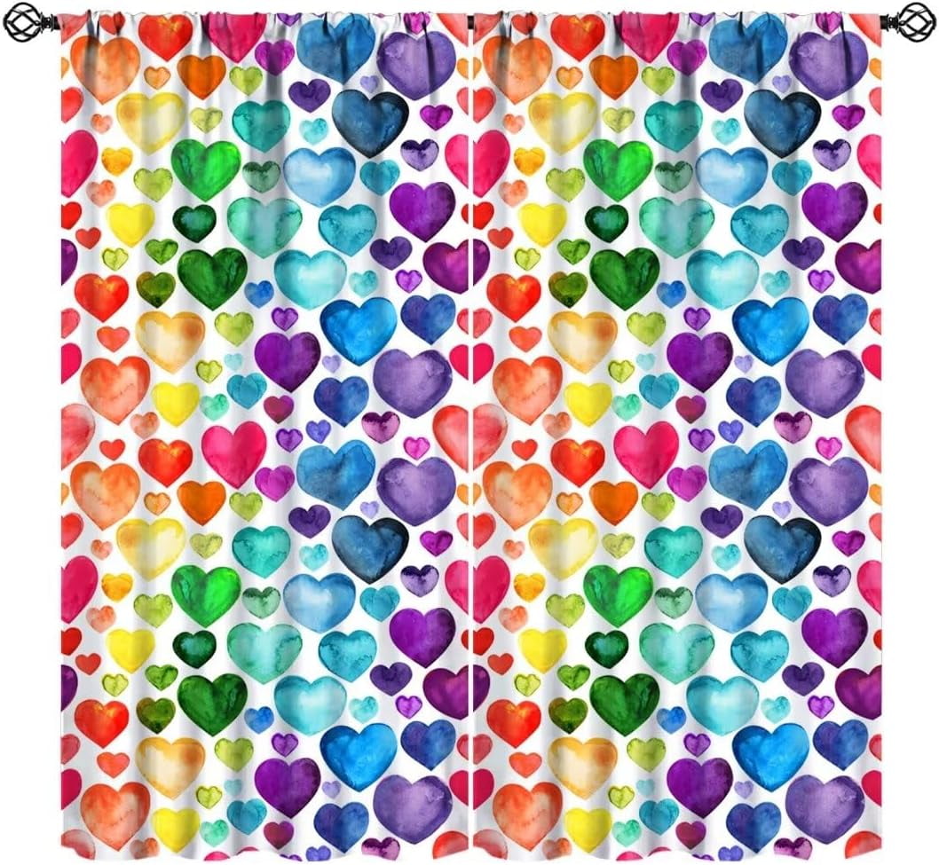 Colorful Heart Curtains, Abstract Geometric Rainbow Valentine Romantic ...