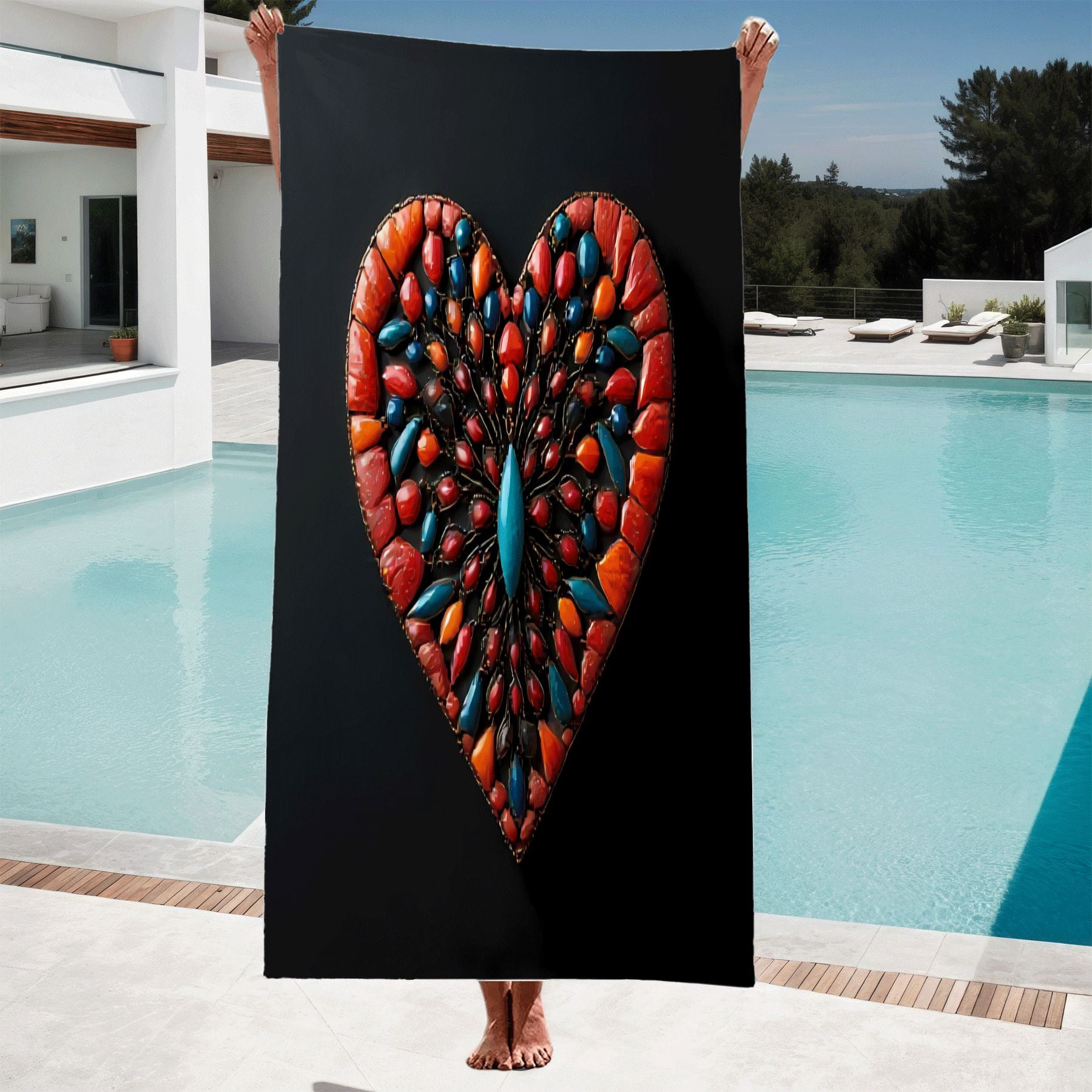 Colorful Heart Design Beach Towel - Vibrant Red Orange Blue & Teal ...