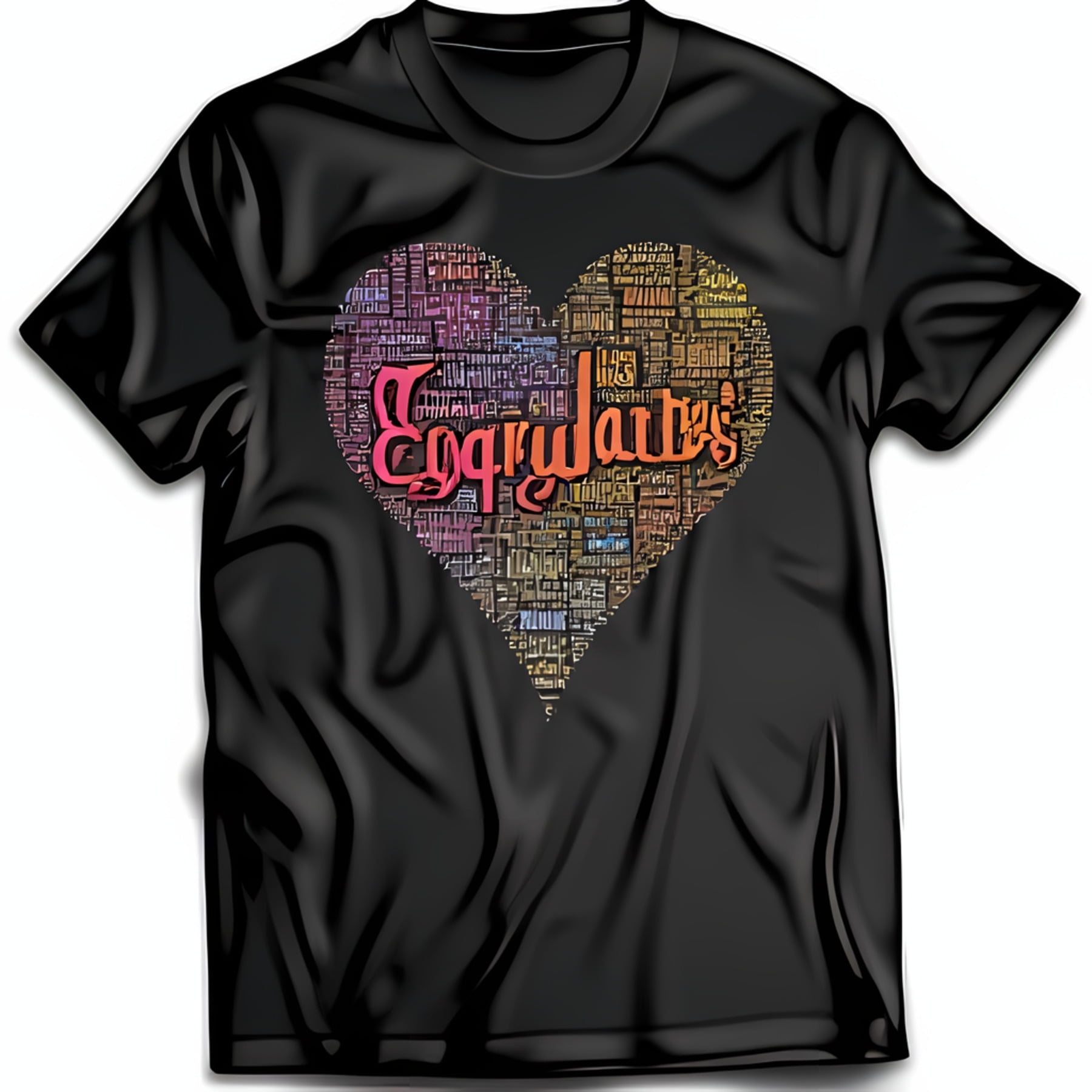 Colorful Heart Graphic Black T-Shirt Unique Overlapping Word Design ...