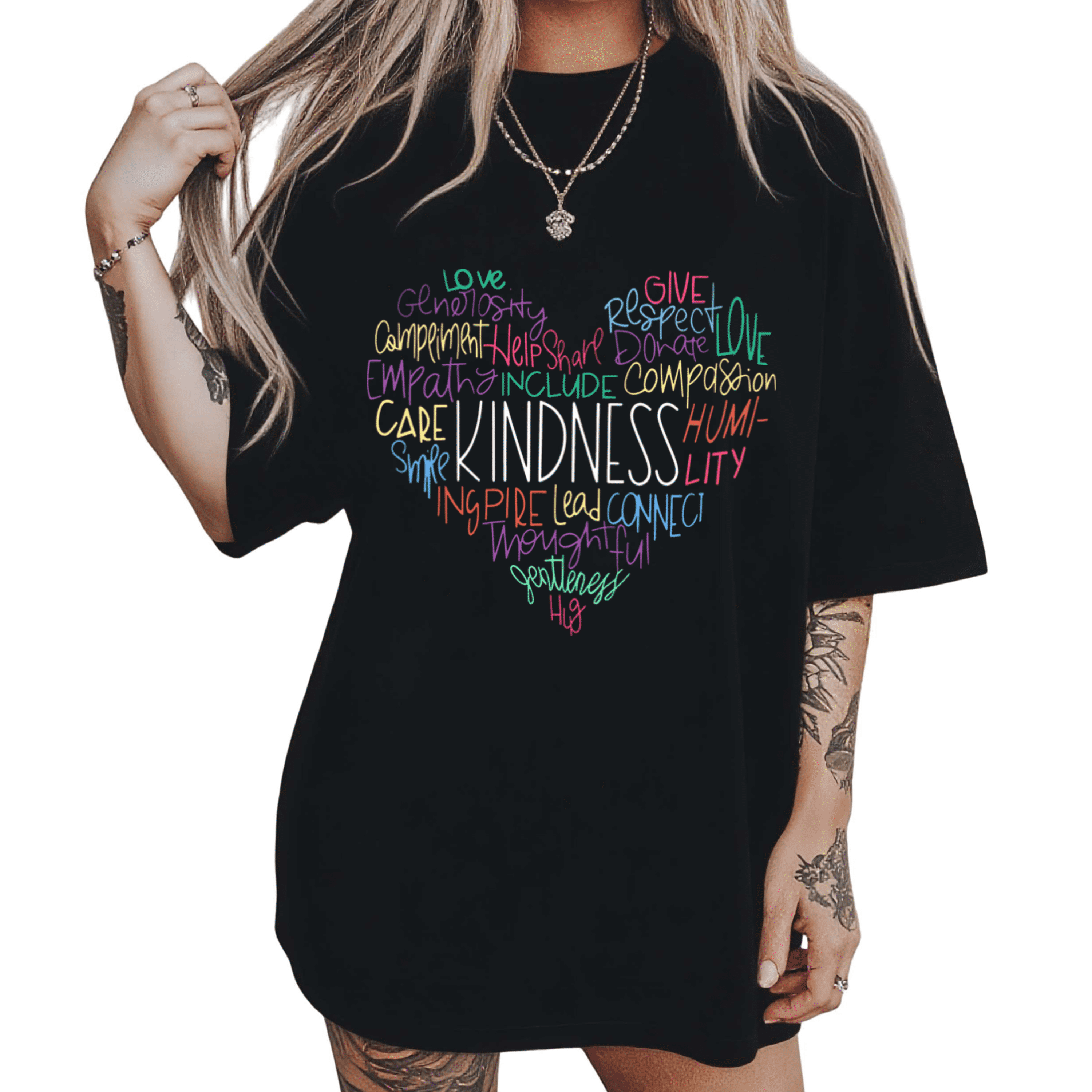 Colorful Heart Kindness Word Art Print Womens Short Sleeve T-Shirt ...