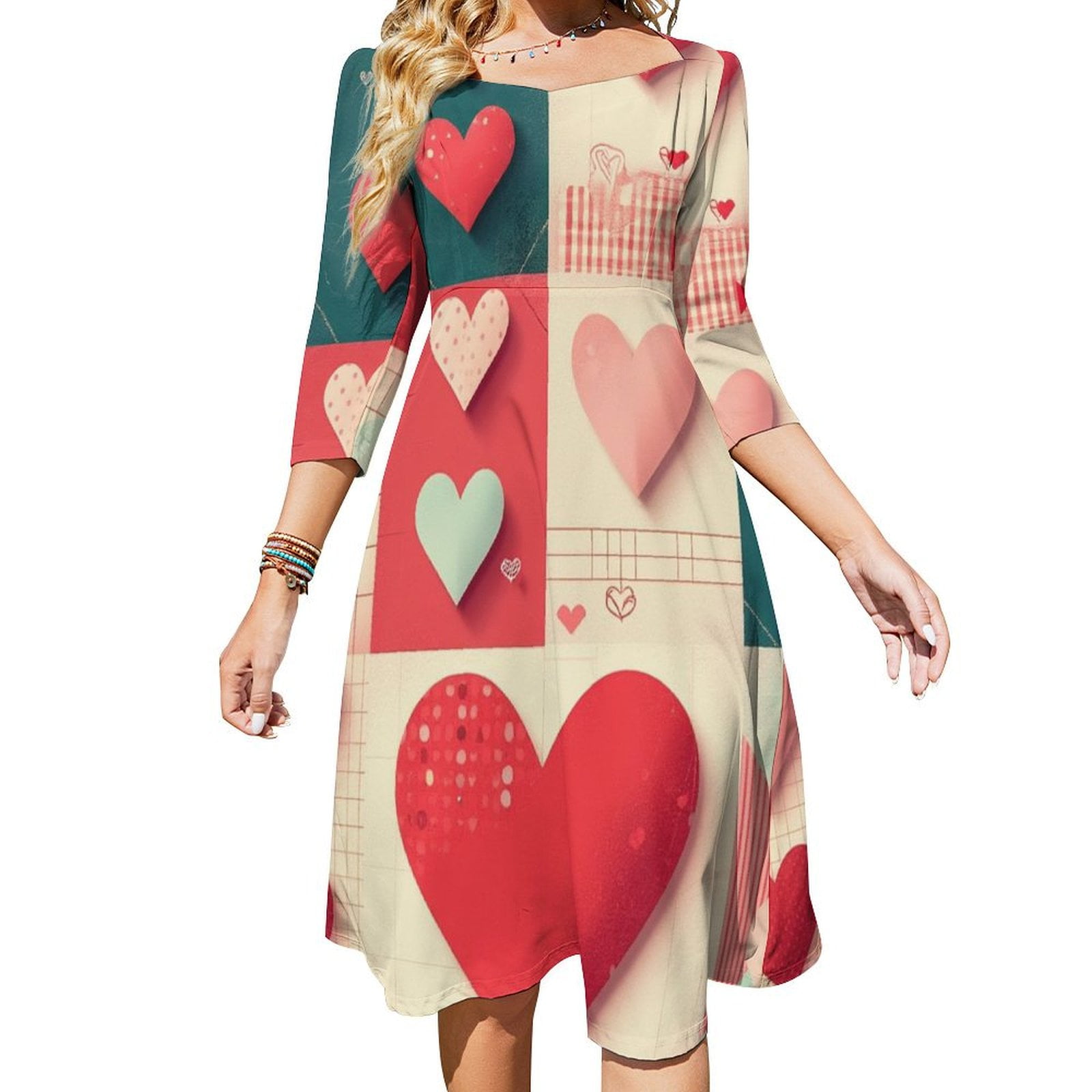 Colorful Heart Patchwork Pattern-1 Flare Dress Square Neck Dress ...